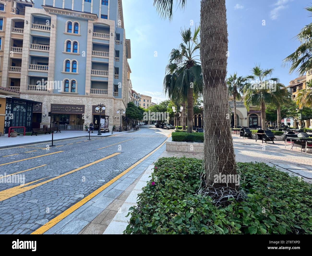 Public square with water fountain on the Medina Centrale Pearl Qatar ...