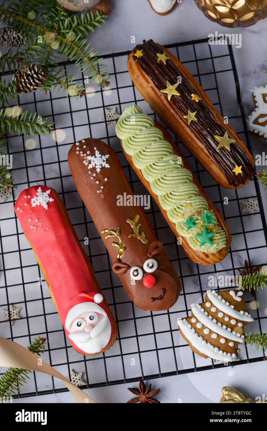 Christmas Eclairs, Various Glazed Festive Eclairs, New Year Dessert on ...