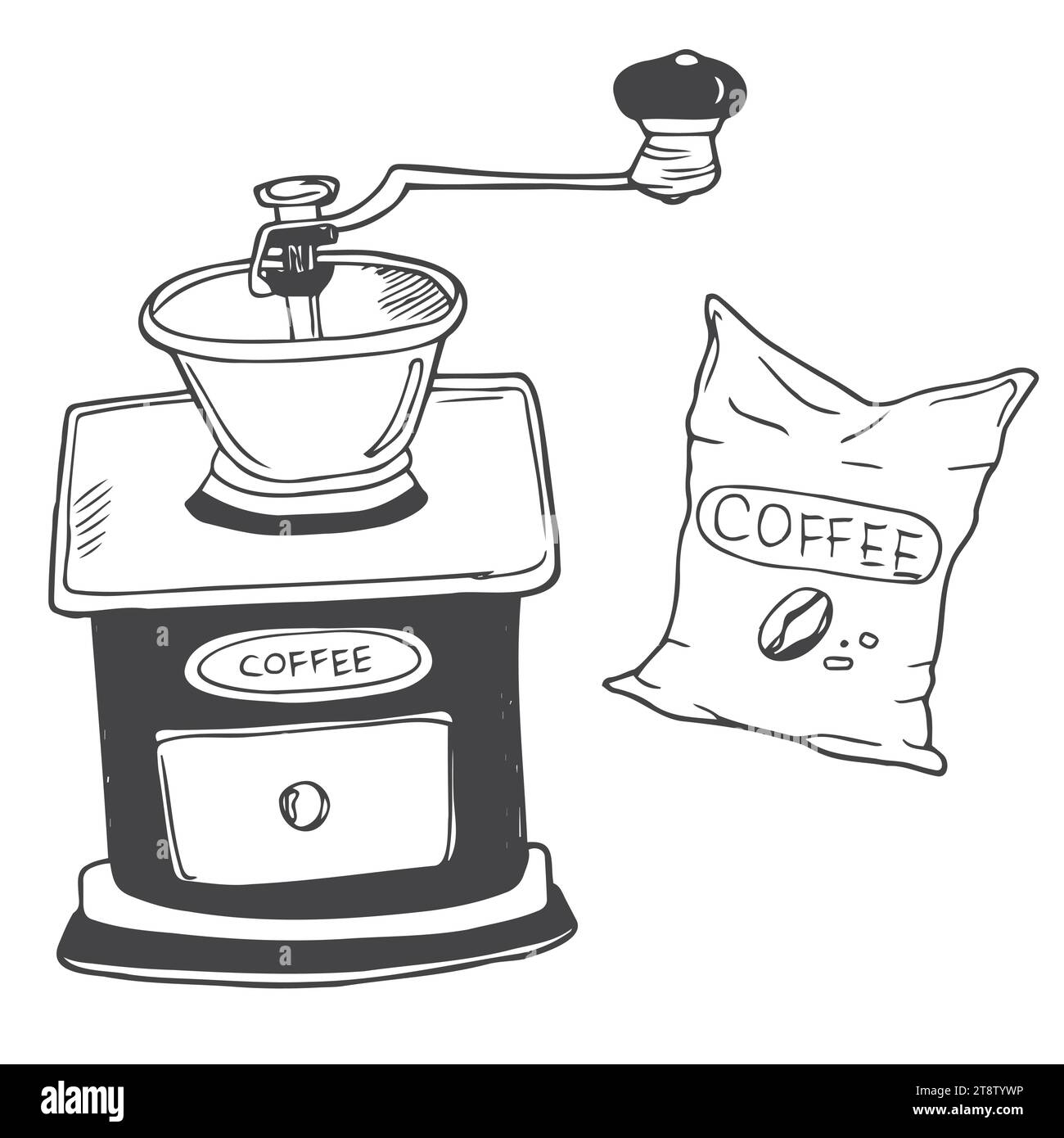 Classic coffee grinder in woden case. Doodle coffee grinder icon in ...