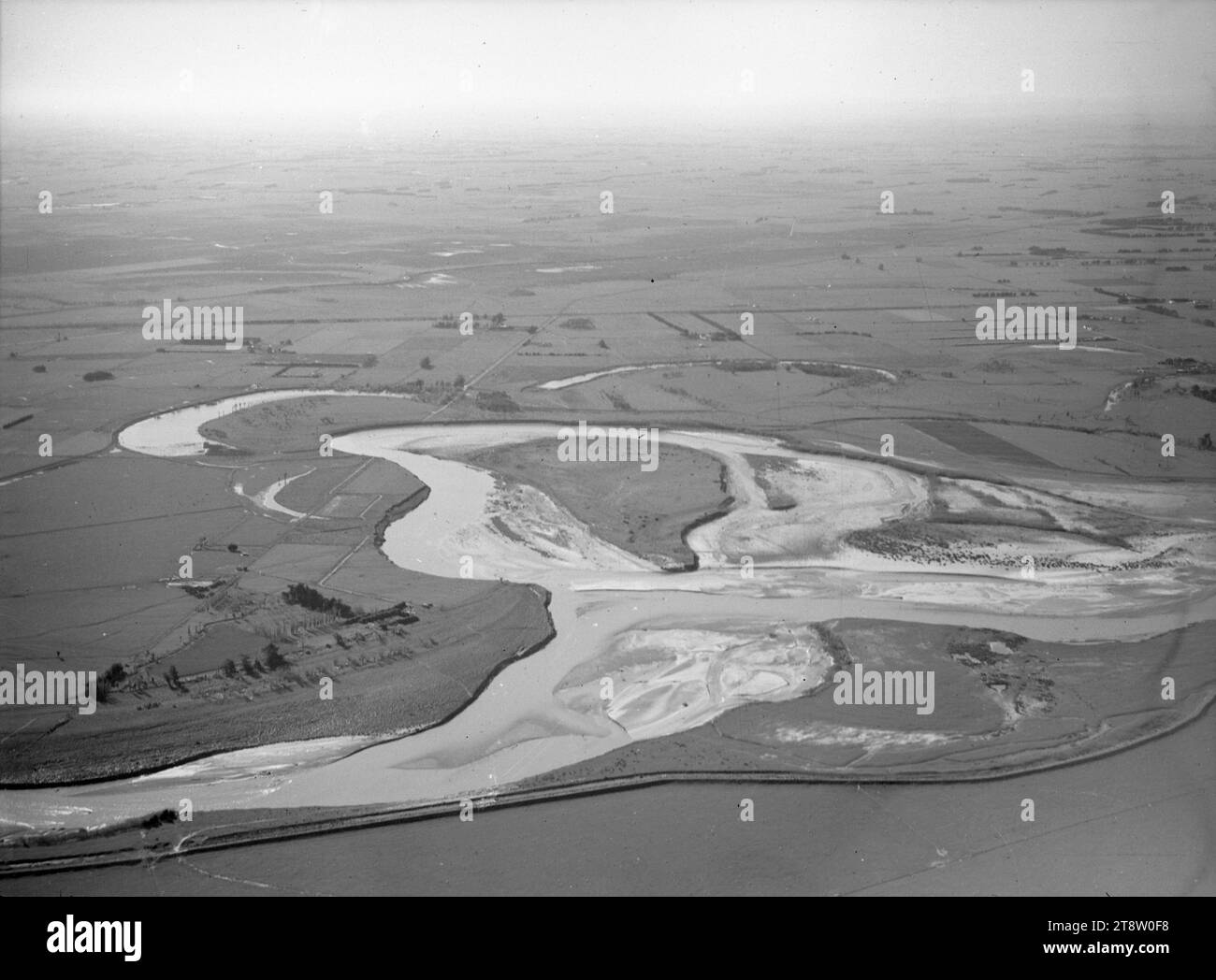 Aerial view of the Manawatu River and surrounding plains, between 1920s ...