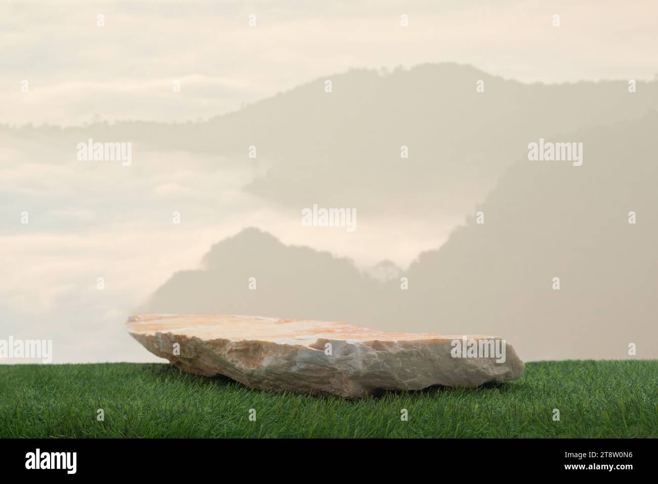 Surreal stone podium nature landscape outdoor on sky warm sun rise ...