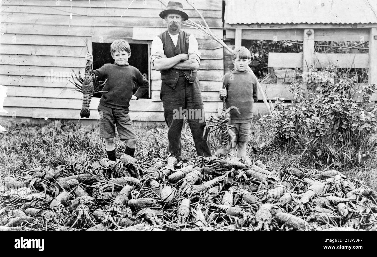 Man, two boys, and a pile of crayfish, at the back of Harry Daniel's ...