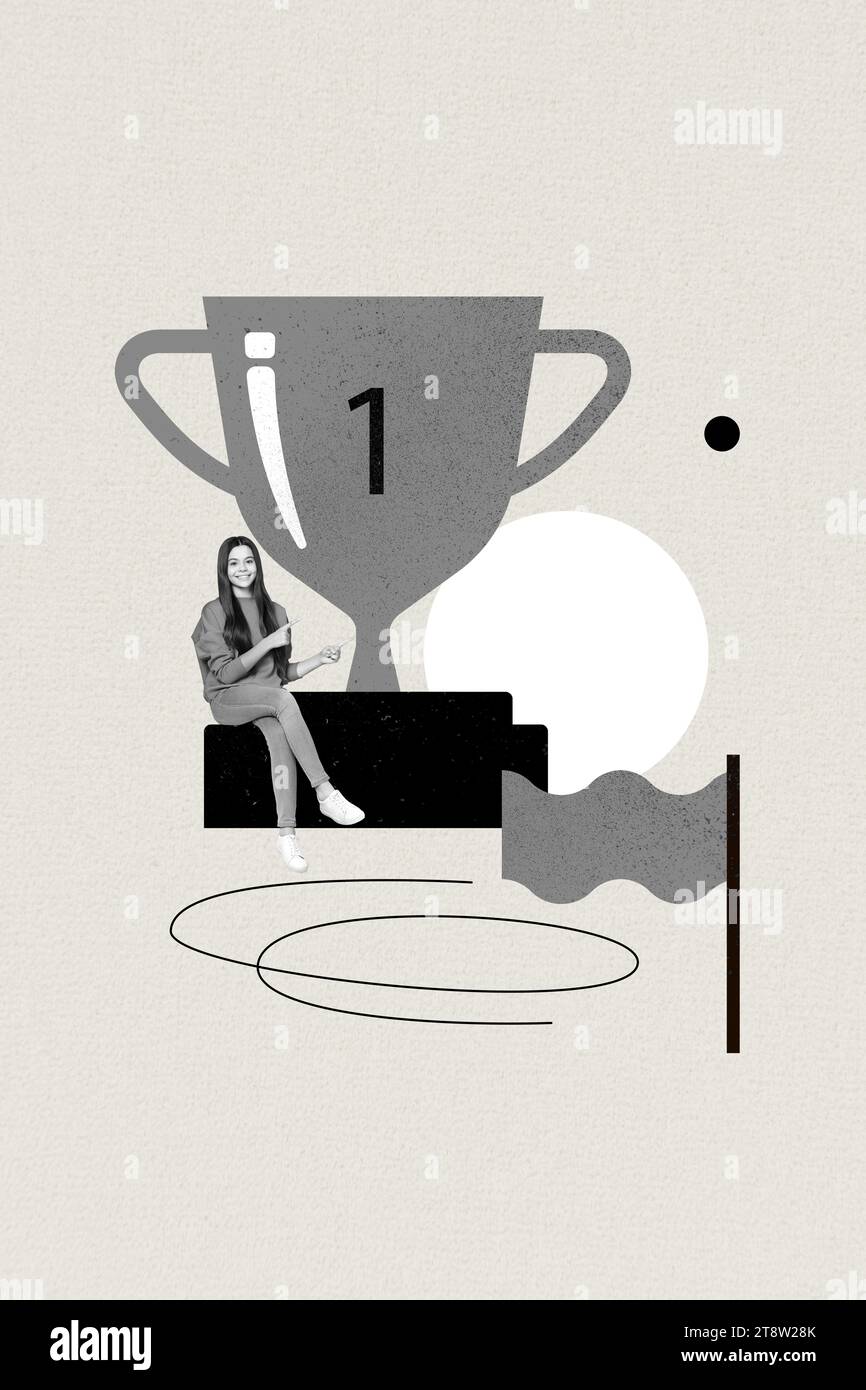 Vertical collage picture of mini black white colors girl point fingers ...