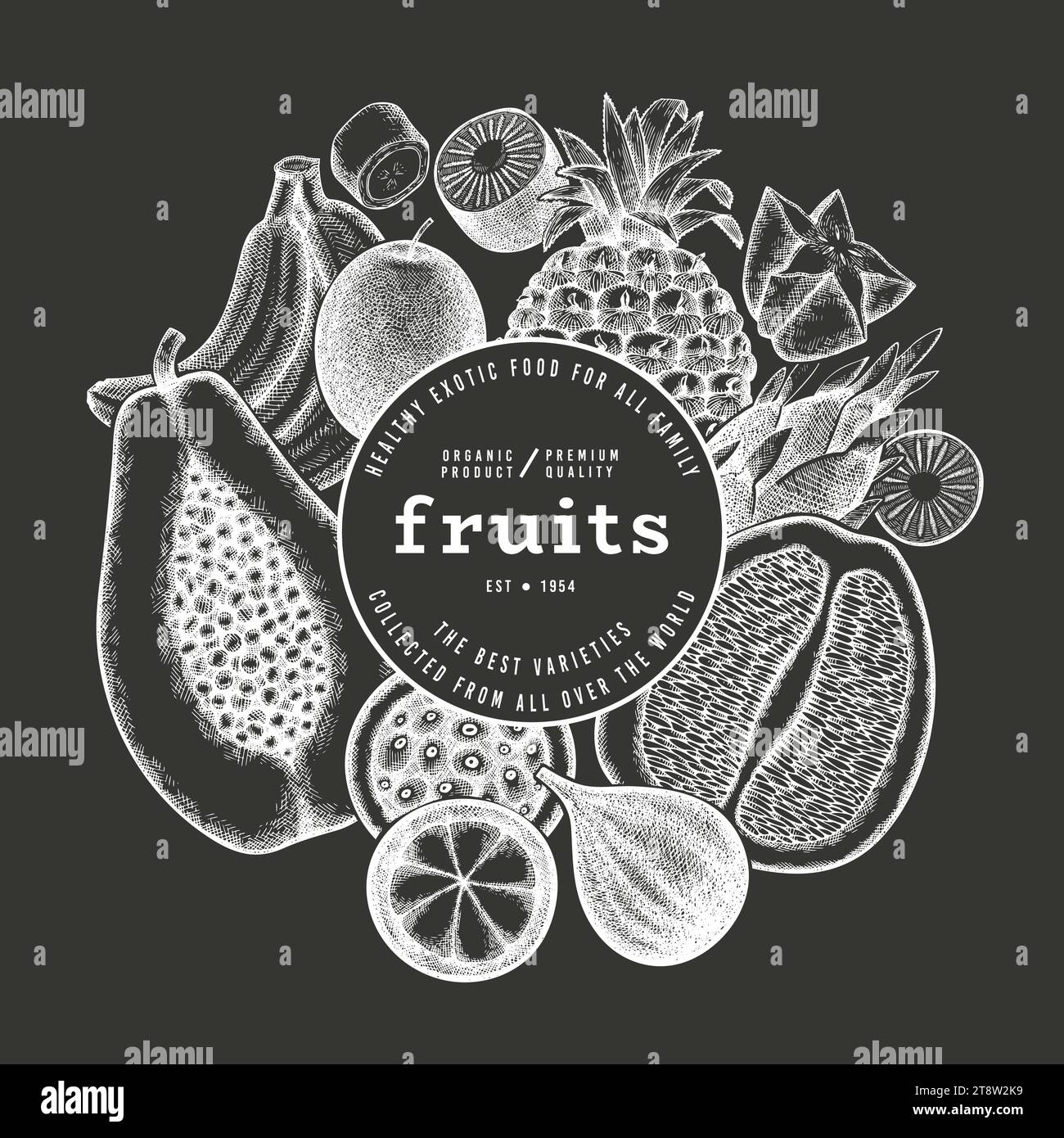 Tropical Fruit Design Template. Vector Hand Drawn Exotic Fruit Chalk ...