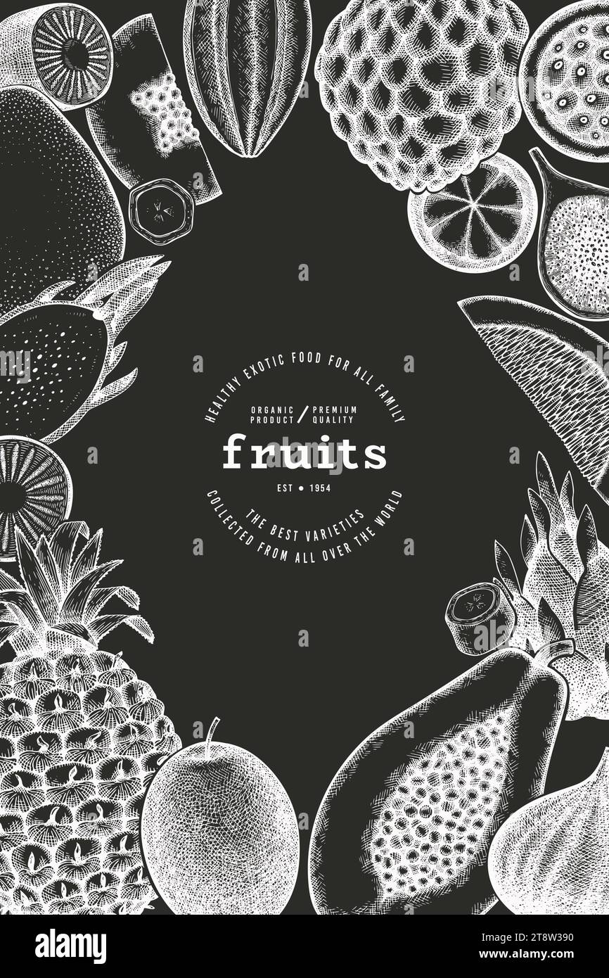 Tropical Fruit Design Template. Vector Hand Drawn Exotic Fruit Chalk ...