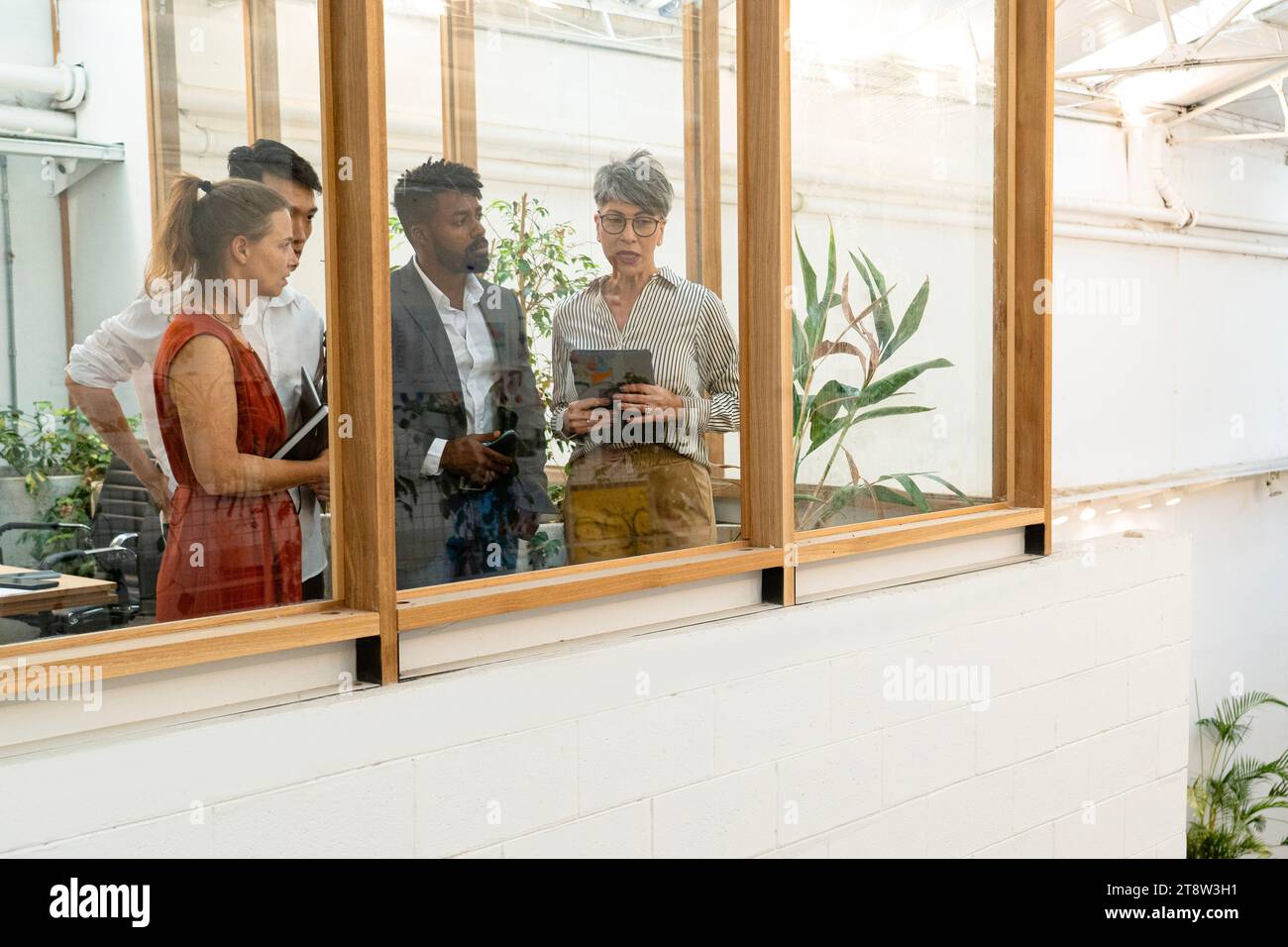 Business people discussing while looking through the window Stock Photo ...