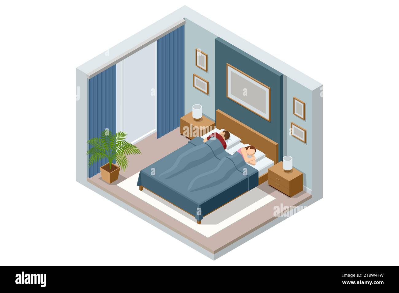 Isometric Man and Woman Sleeping in Bed at Night. Tiredness and Exhaustion Concept. Young Couple ...