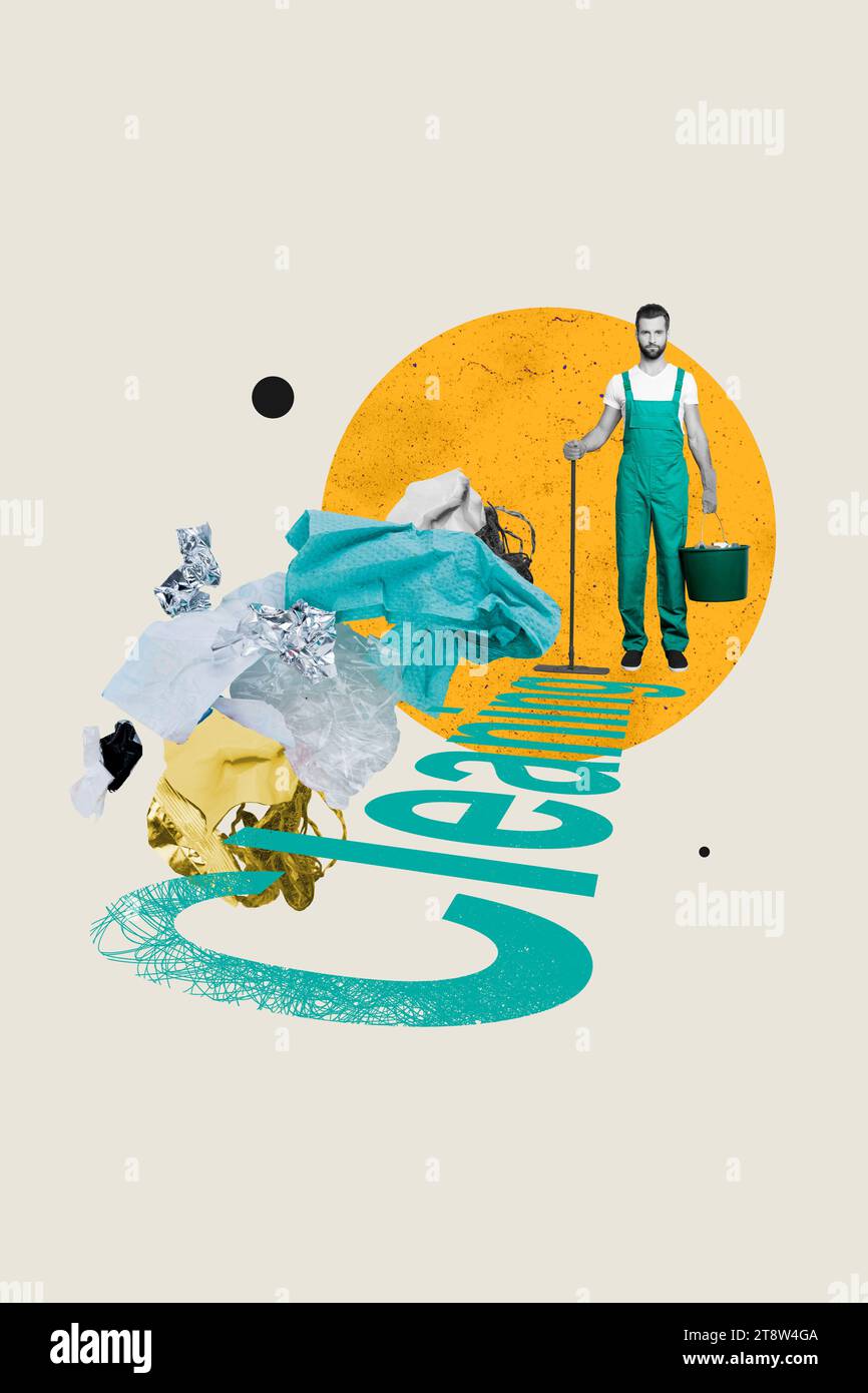 Collage 3d image of pinup pop retro sketch of young man cleaner mop ...