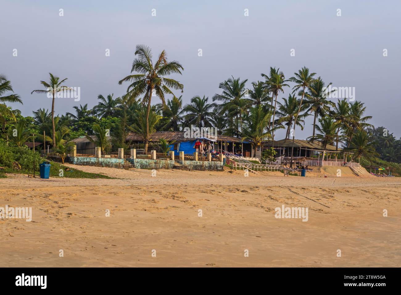 coconut trees on ocean coast near tropical shack or open cafe on beach ...