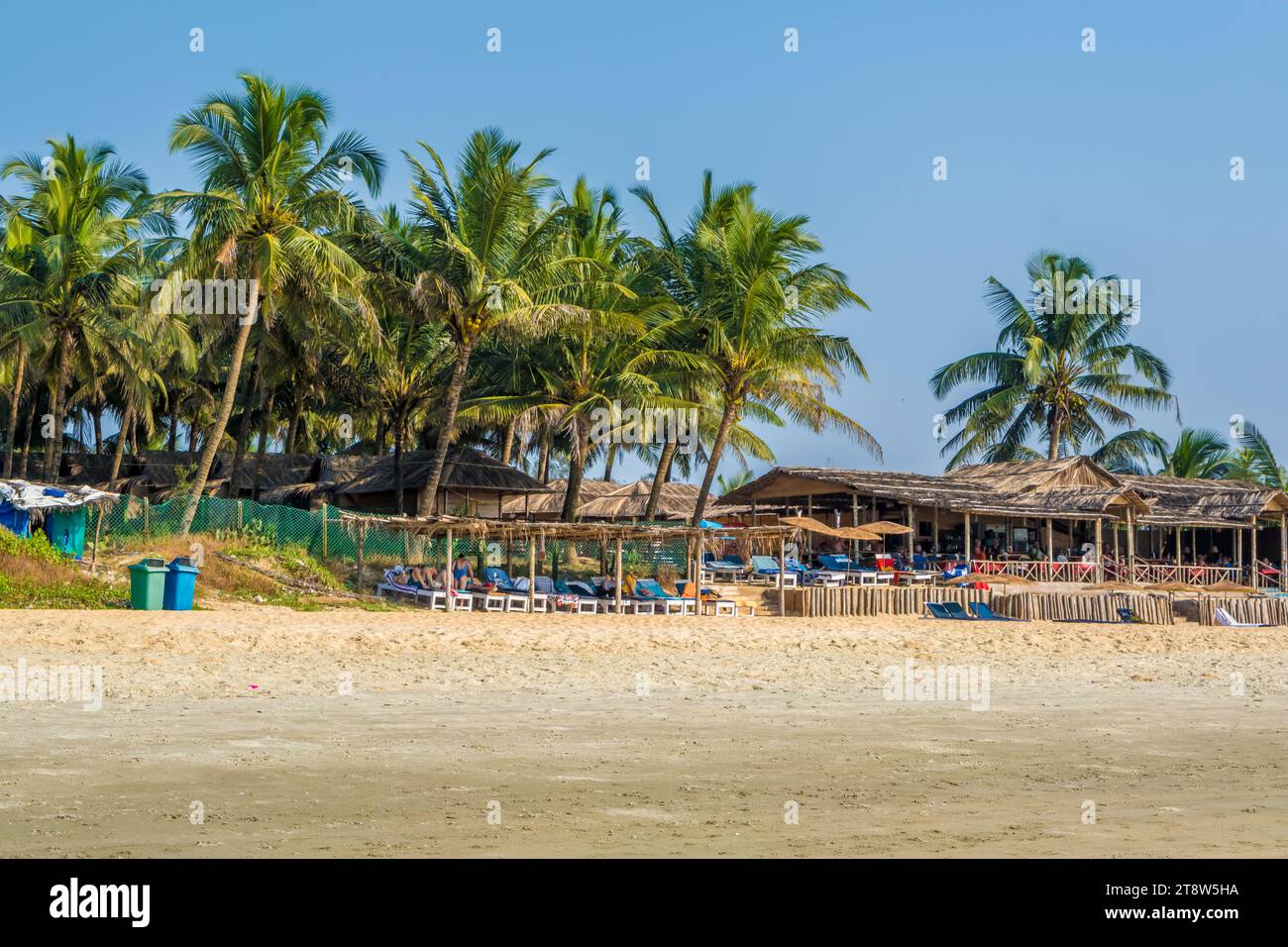 coconut trees on ocean coast near tropical shack or open cafe on beach ...