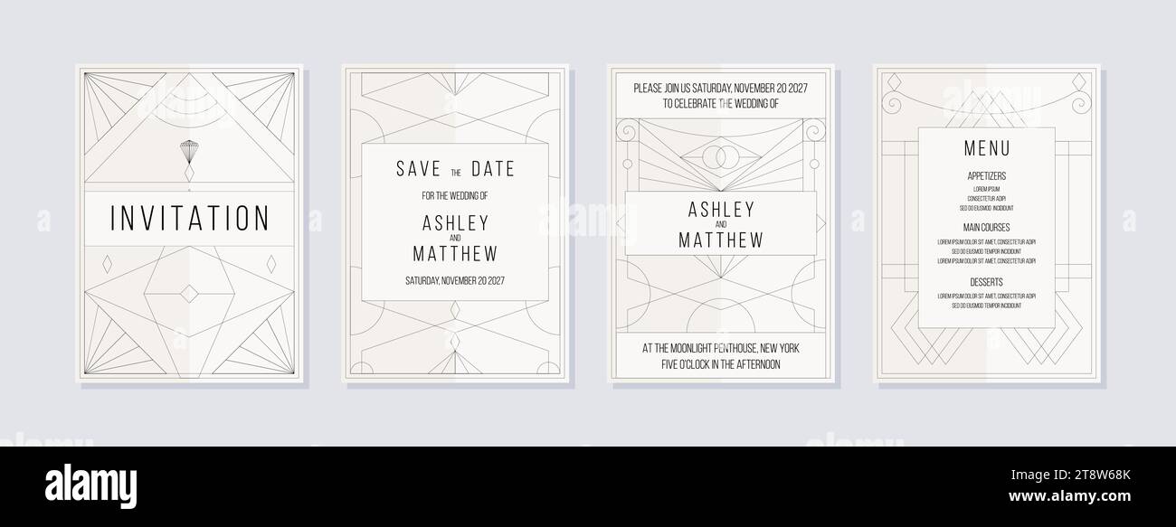 Art deco style wedding invitation. Off-white paper color pampas ...