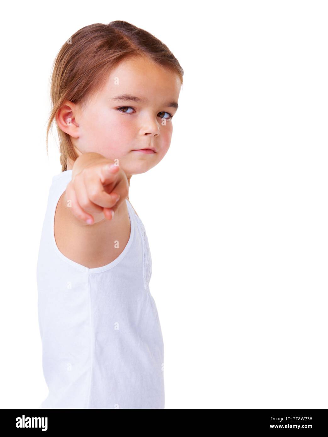 Portrait, vote and pointing with a serious child in studio isolated on ...