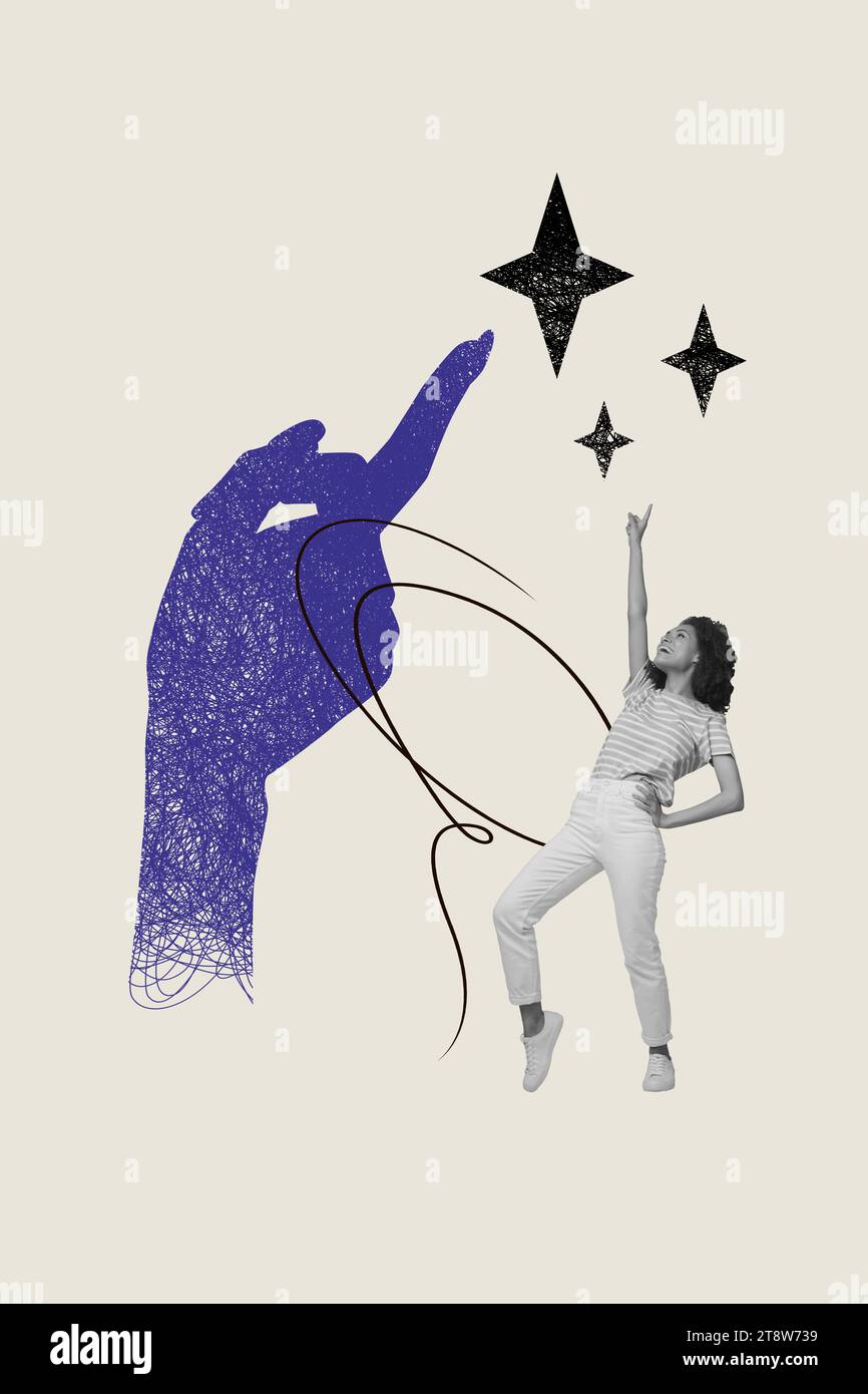 Composite collage image of young girl hand finger point up satellite ...