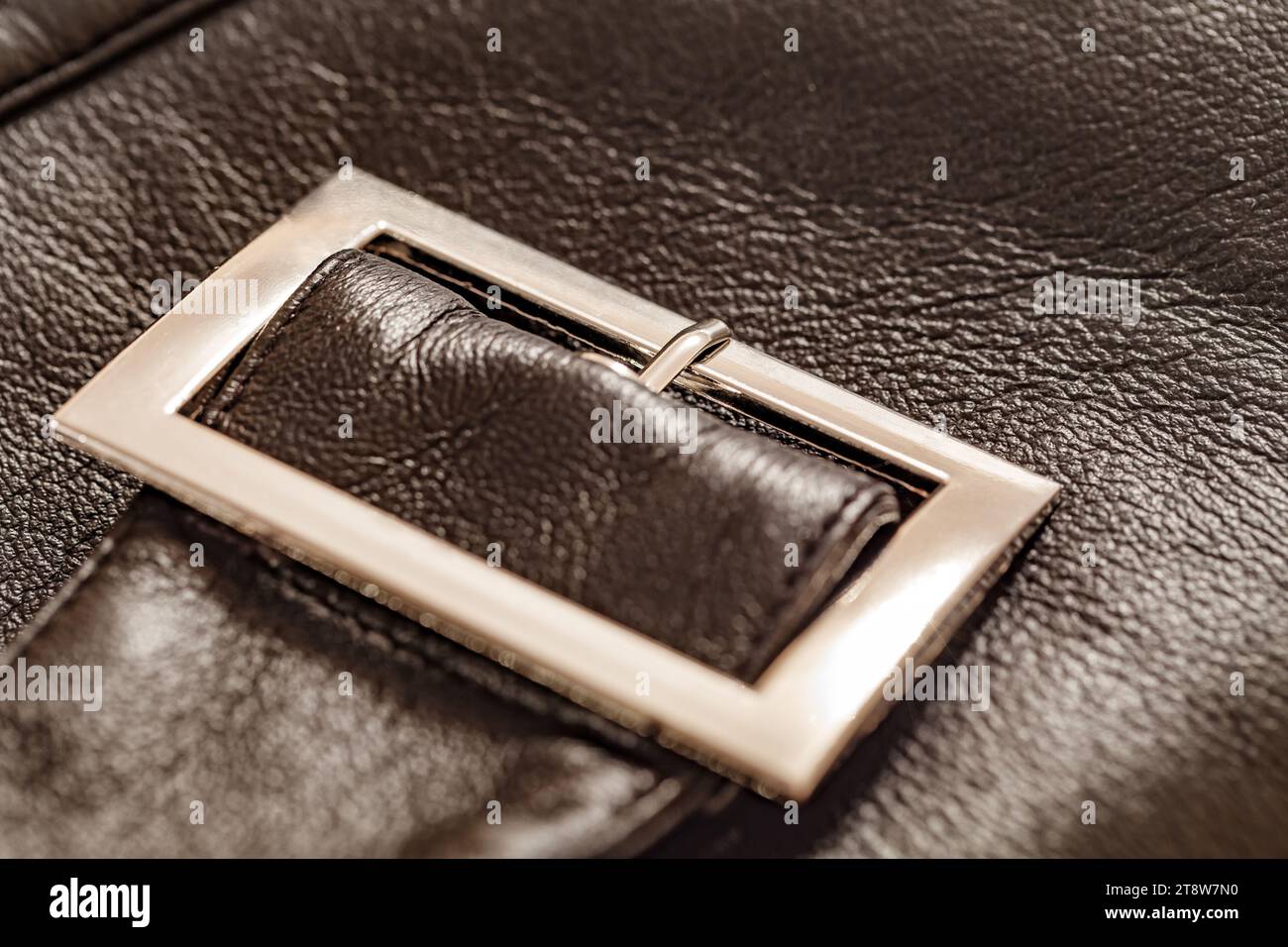 Metal buckle, belt lock, on faux leather jacket close-up, selective ...