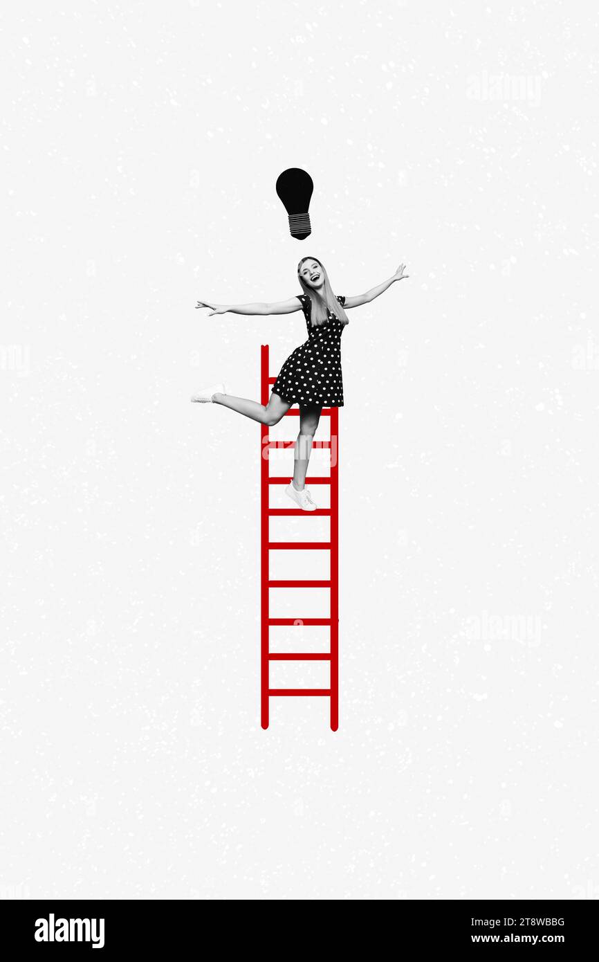 Creative abstract template collage of positive funny young female climb ...
