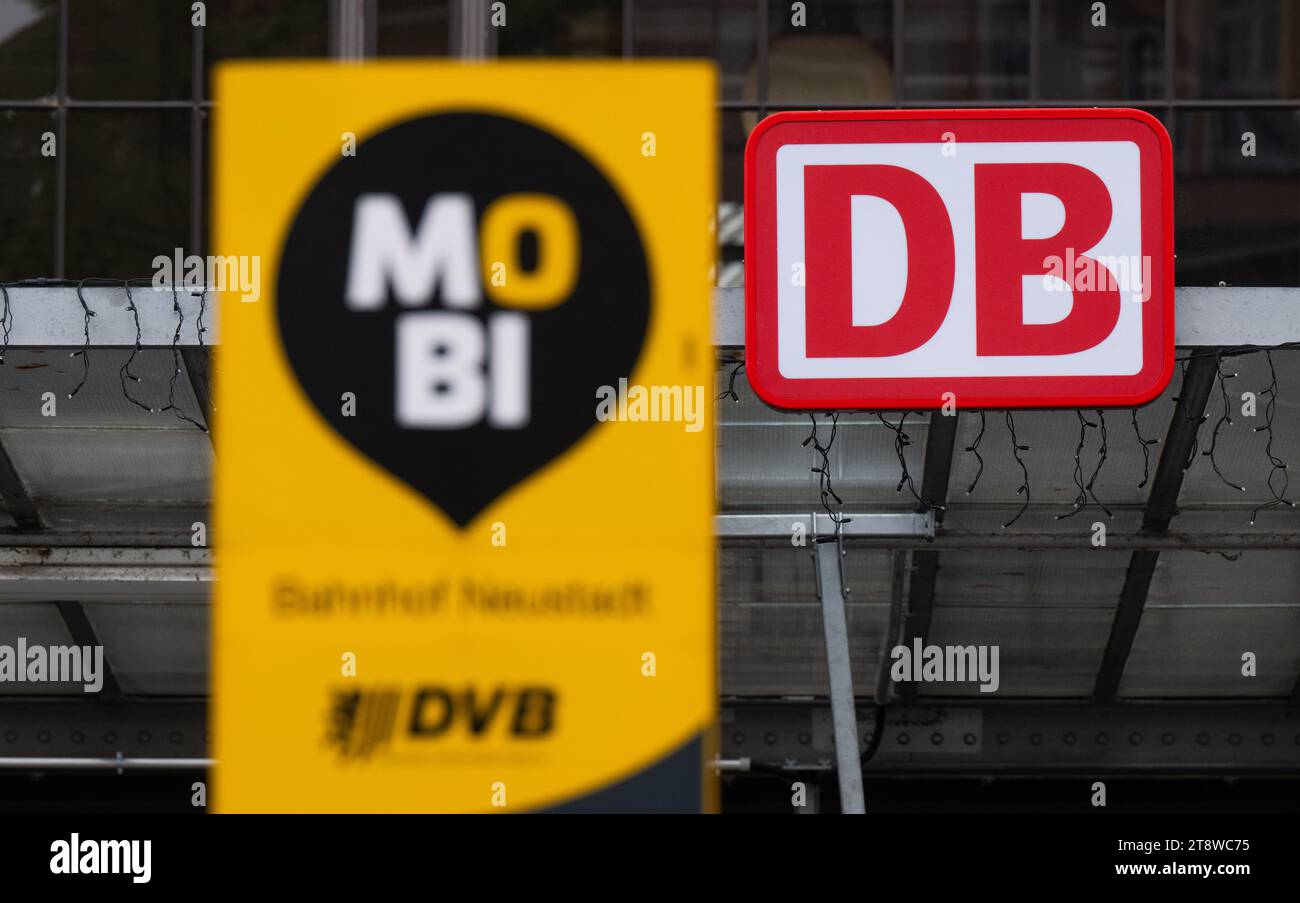 Dresden, Germany. 21st Nov, 2023. A sign 'Mobi' stands in front of Neustadt station at a stop of ...