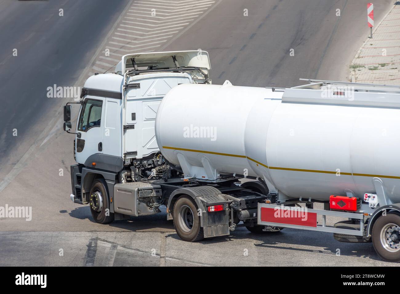Truck with fuel tank turns onto the expressway onto the route in gas ...