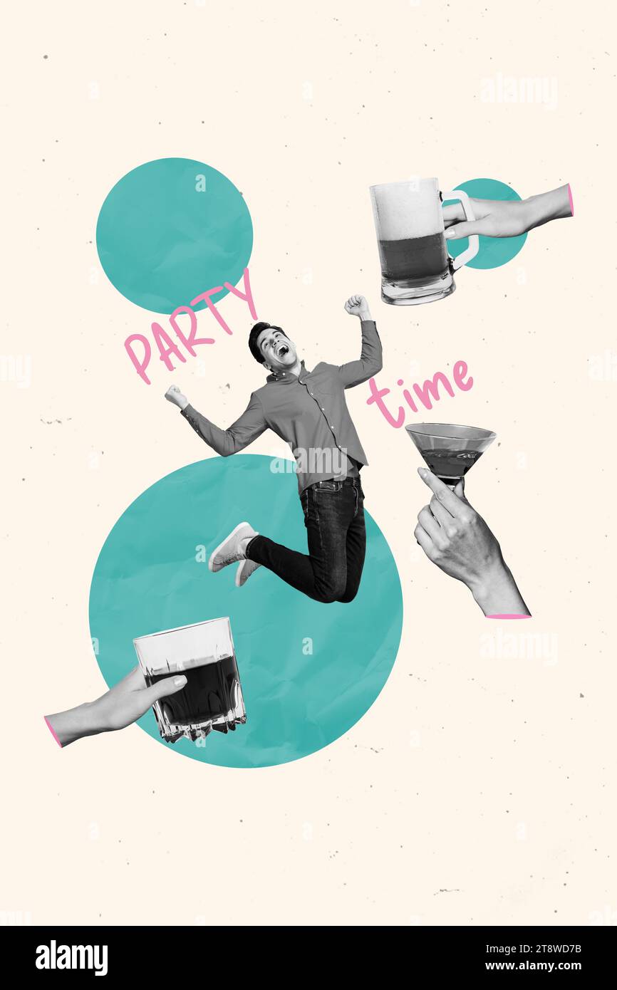 Collage banner of overjoyed positive clubbing boyfriend macho likes ...