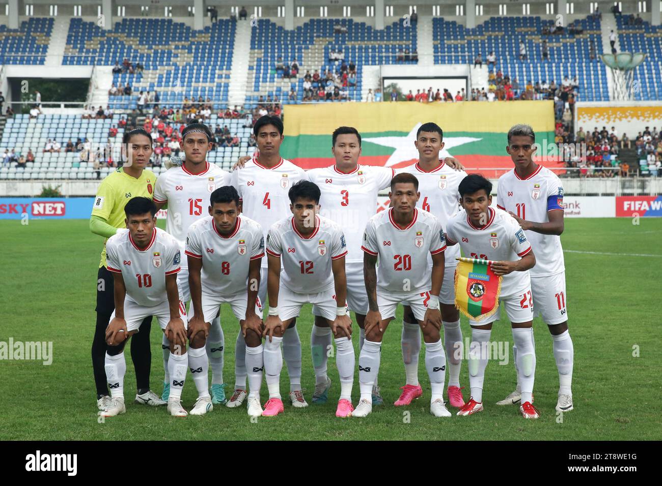 Yangon, Myanmar. 21st Nov, 2023. The starting players of Myanmar pose ...