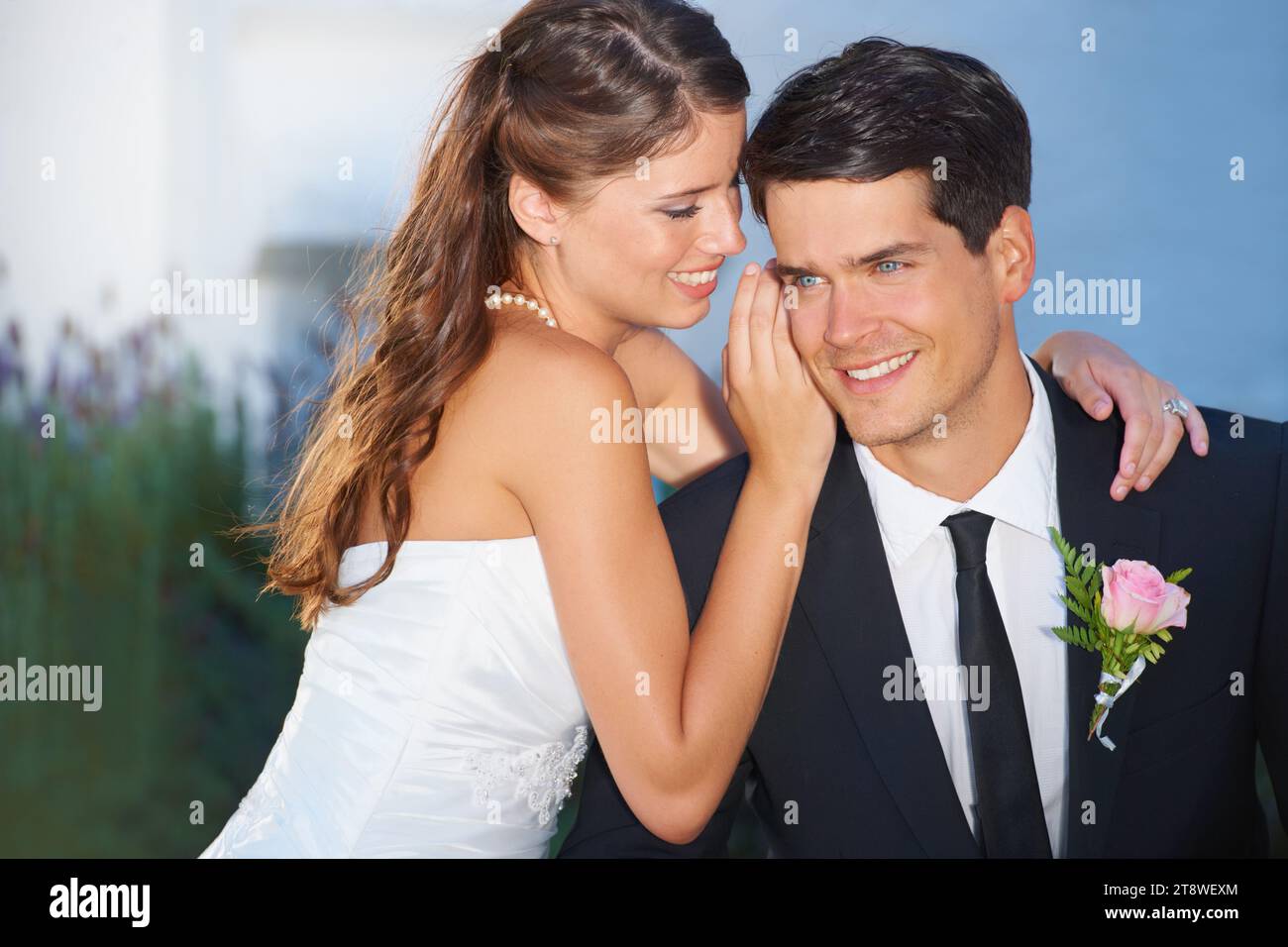 Woman, man and whisper at wedding, smile and thinking outdoor with ...