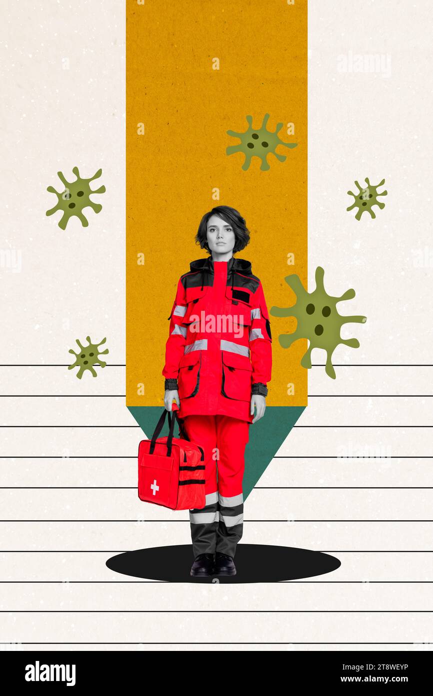 Full size photo collage of serious medical specialist bring first aid ...