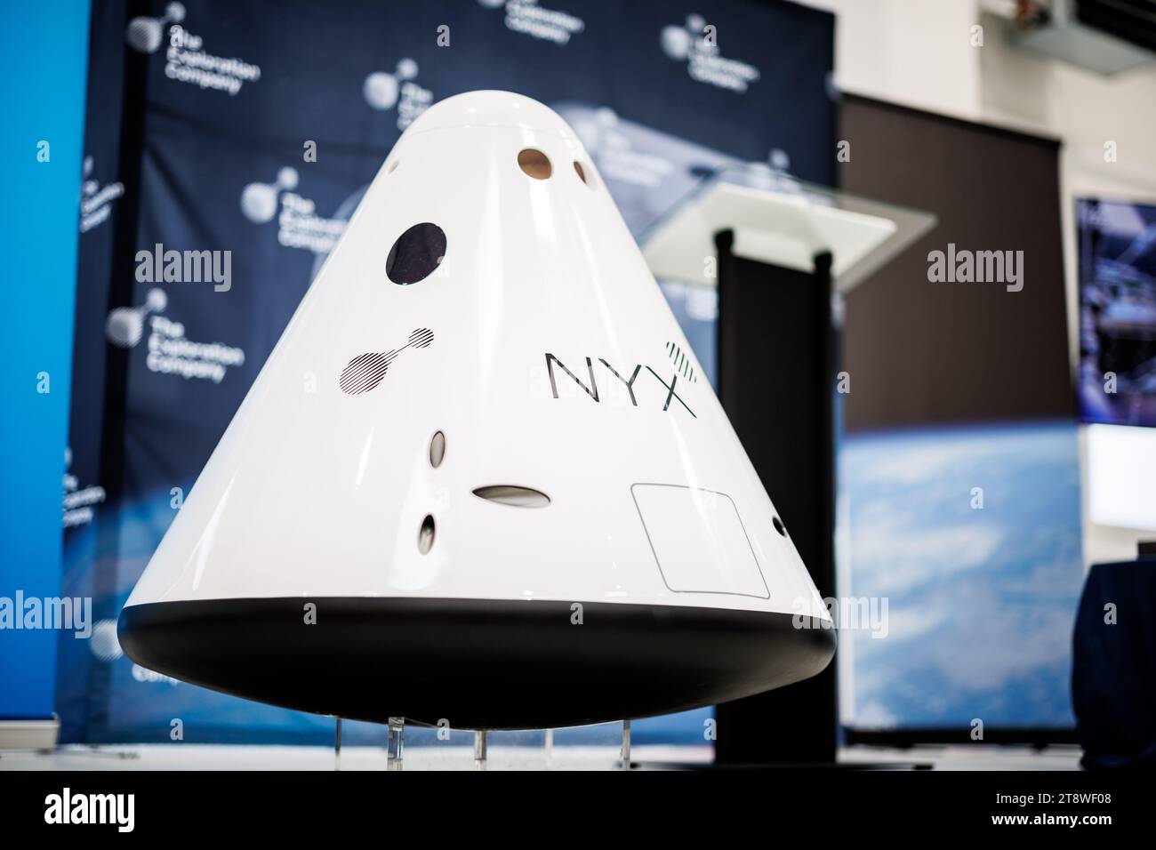 Planegg, Germany. 20th Nov, 2023. A model of a NYX space capsule can be seen in the integration ...