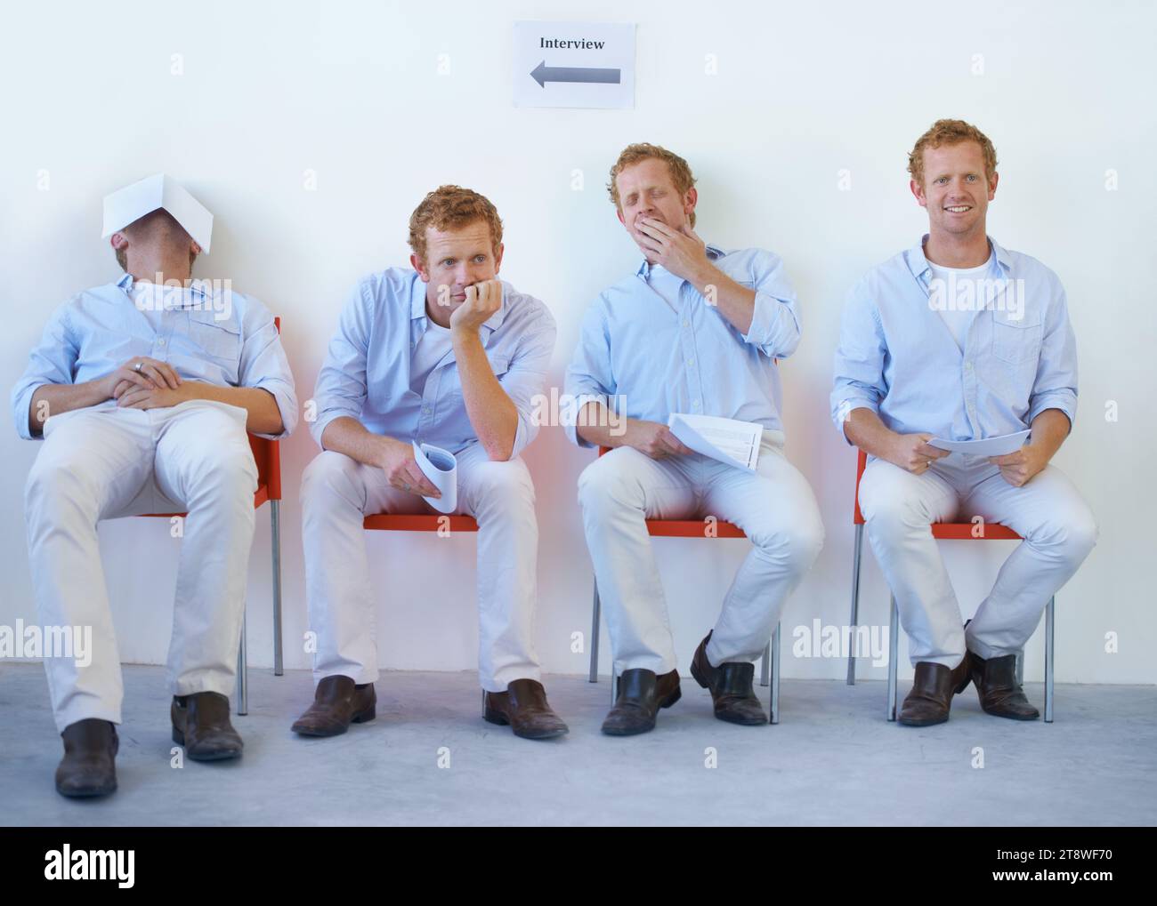 Bored, man and waiting room for interview in office for job ...