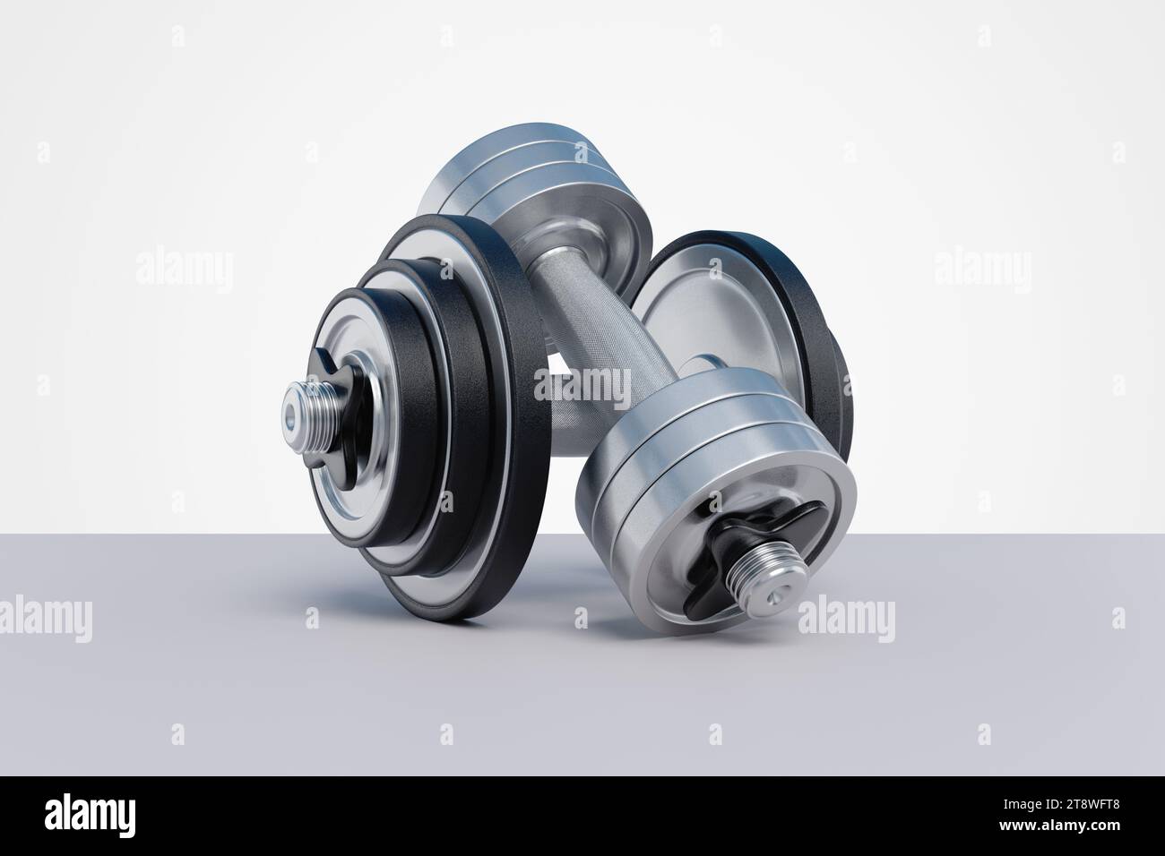 Two crossed metal dumbbells on a gray floor. 3D rendering Stock Photo - Alamy