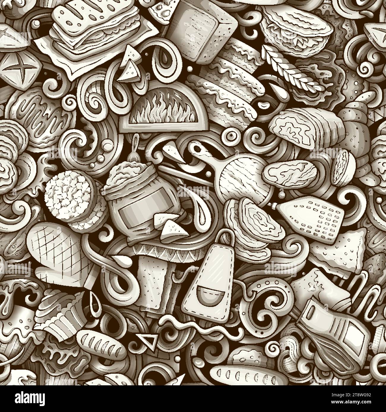 Cartoon vector doodles on the subject of bakery seamless pattern ...