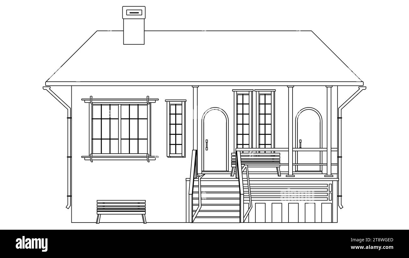 Outline of one-story house with porch and benches isolated on white ...
