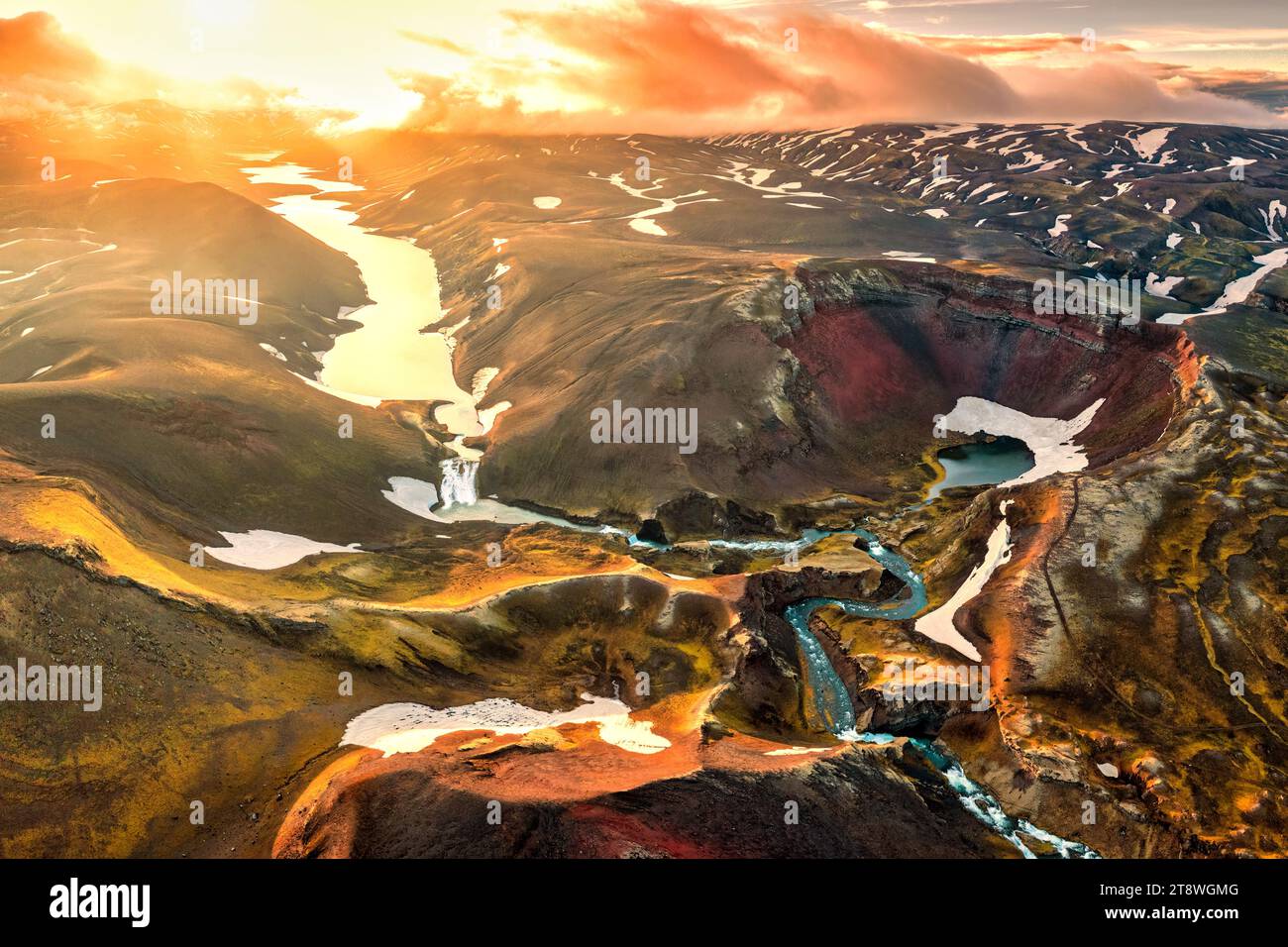 Aerial panoramic landscape of dramatic sunset shines over volcanic ...