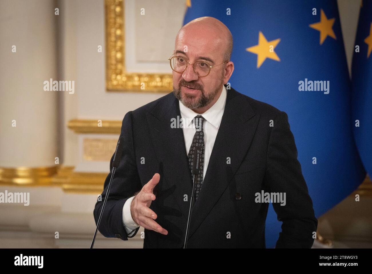 European Council President Charles Michel speaks during a joint press ...