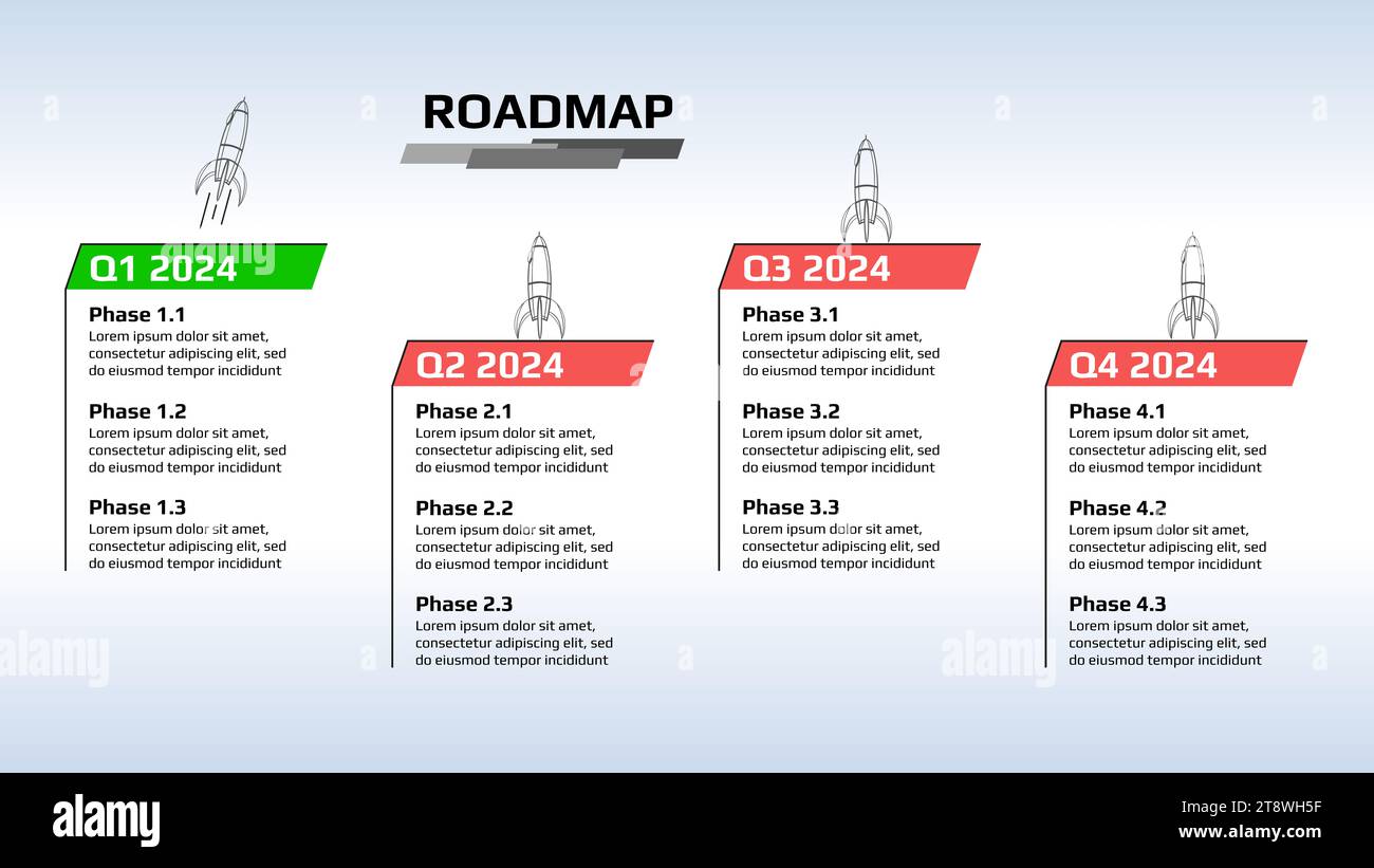 Roadmap with green and red stages with rockets on blue gradient ...