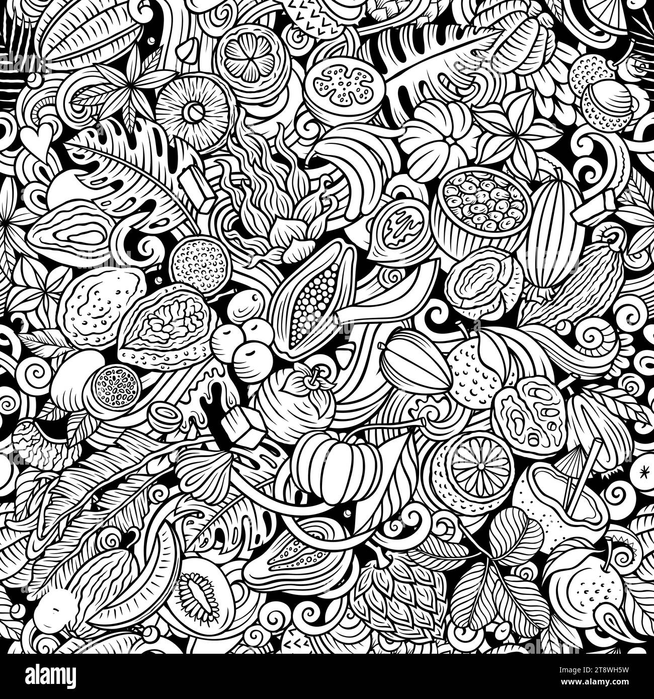 Cartoon vector doodles on the subject of Exotic Fruits seamless pattern ...