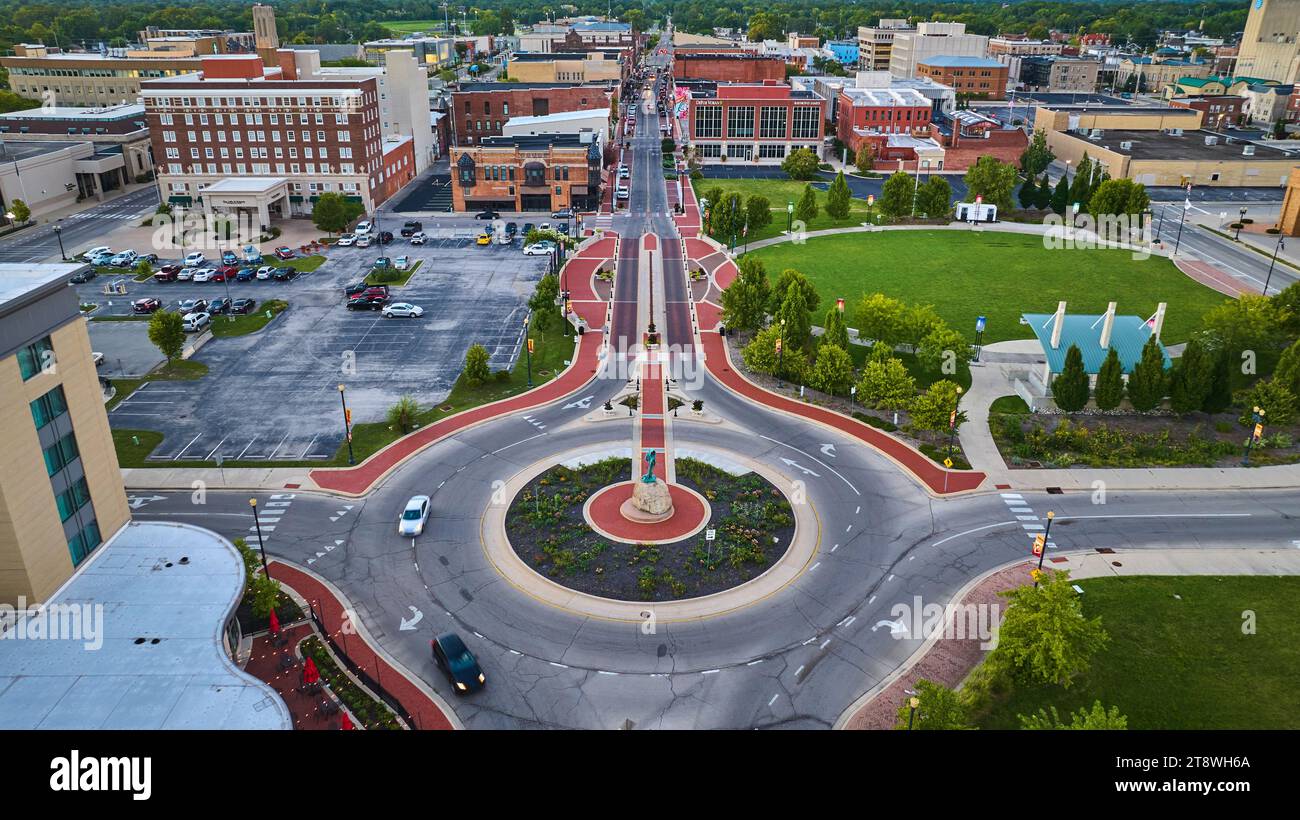 Muncie, IN aerial roundabout with Passing of the Buffalo statue and ...
