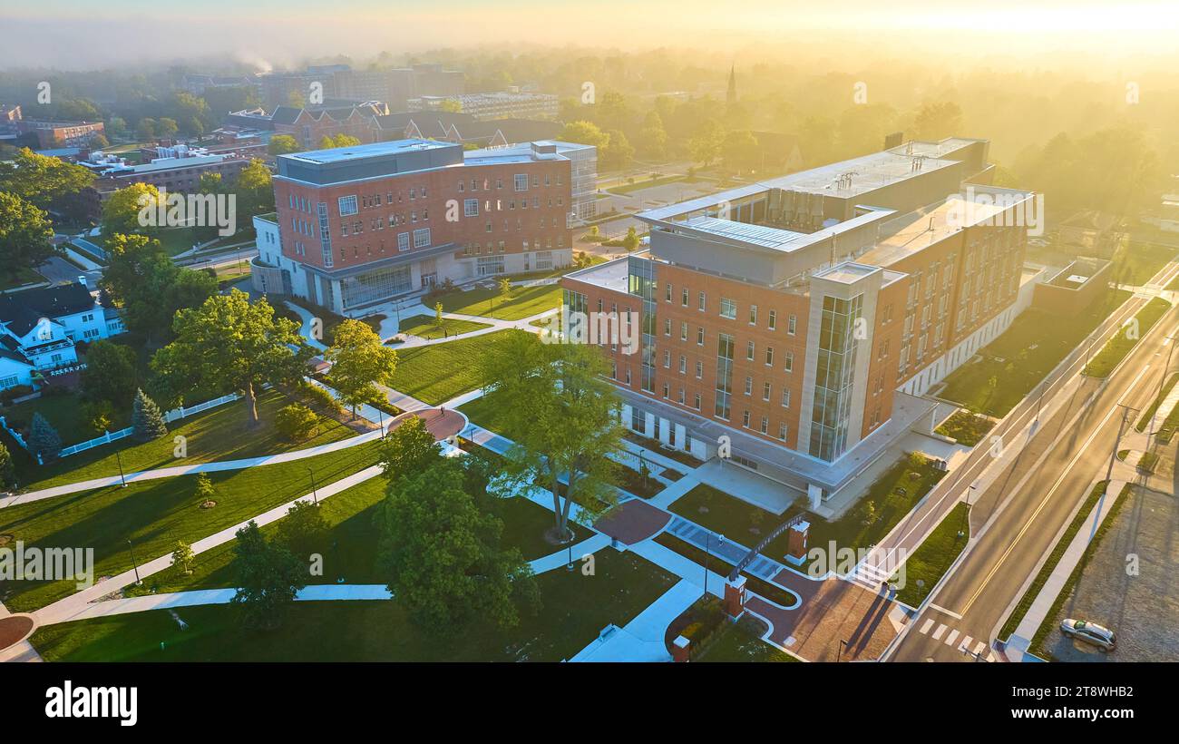 Ball State University sunny sunrise over campus grounds aerial Muncie ...