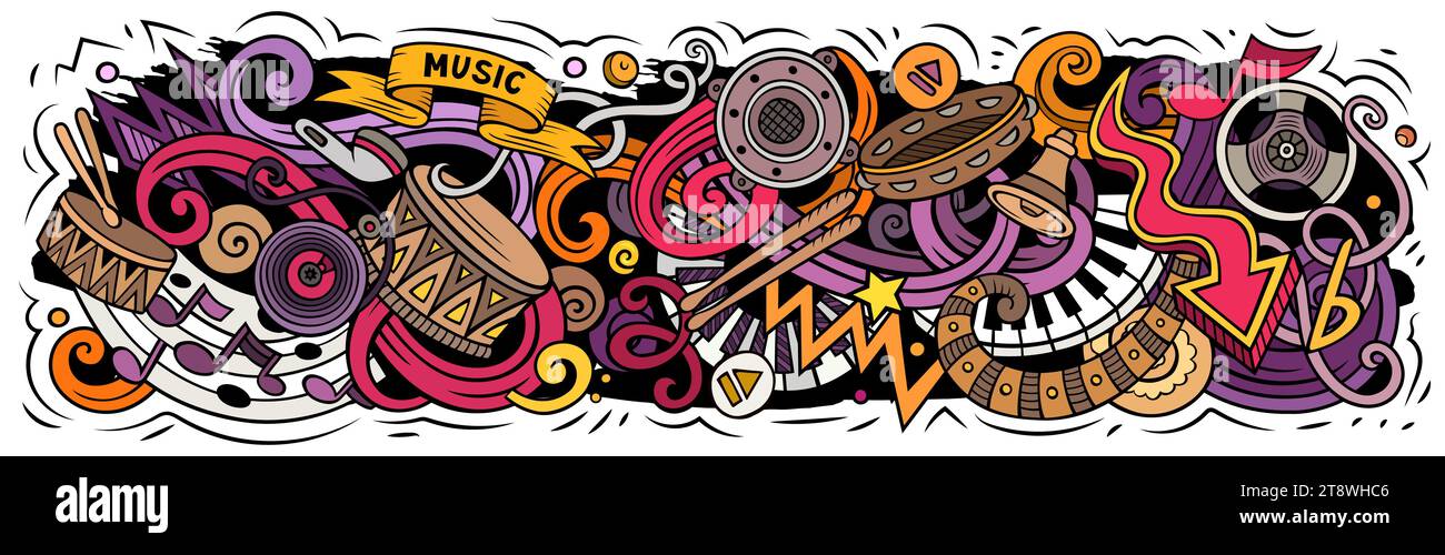Music cartoon doodles illustration. Musical funny objects and elements ...