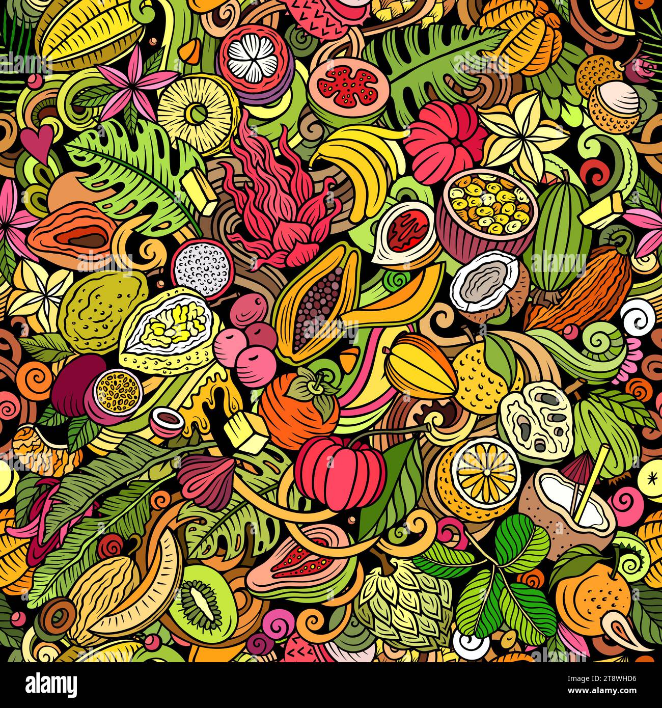 Cartoon vector doodles on the subject of Exotic Fruits seamless pattern ...