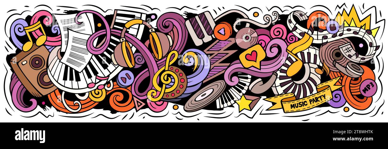 Music cartoon doodles illustration. Musical funny objects and elements ...