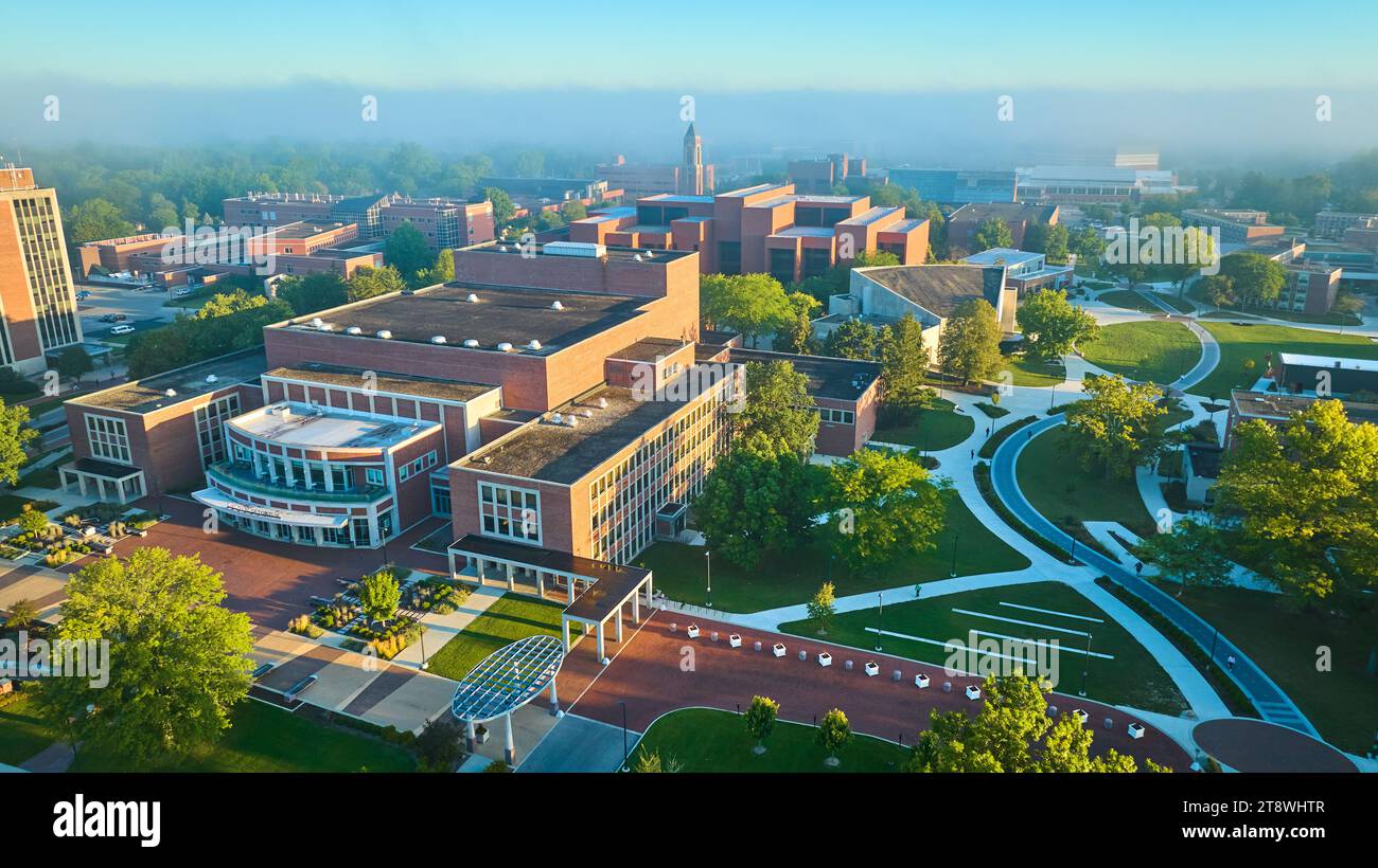 Ball State University campus aerial misty golden morning sunrise over ...