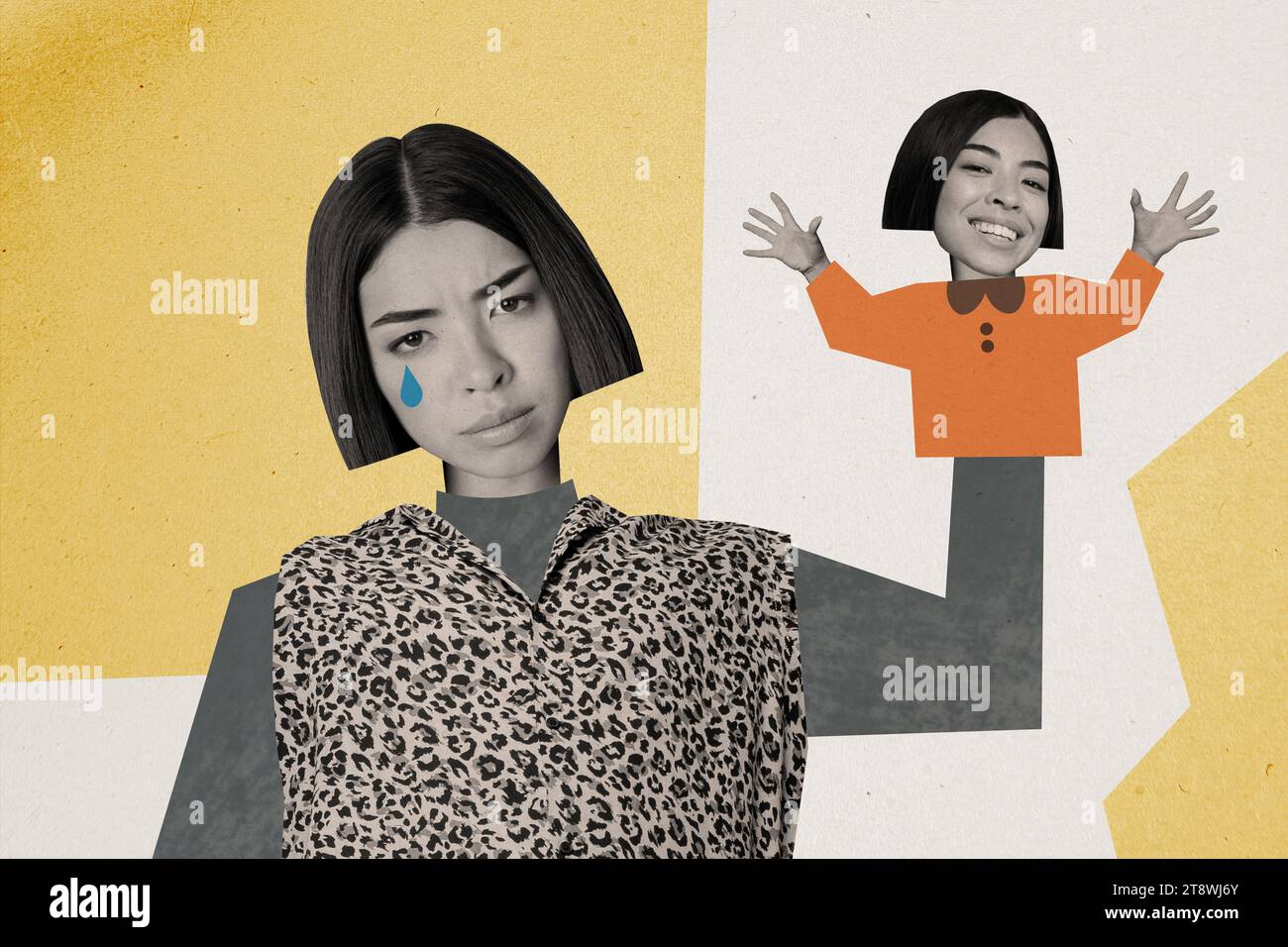 Artwork collage picture of depressed lady showing people fake happy ...