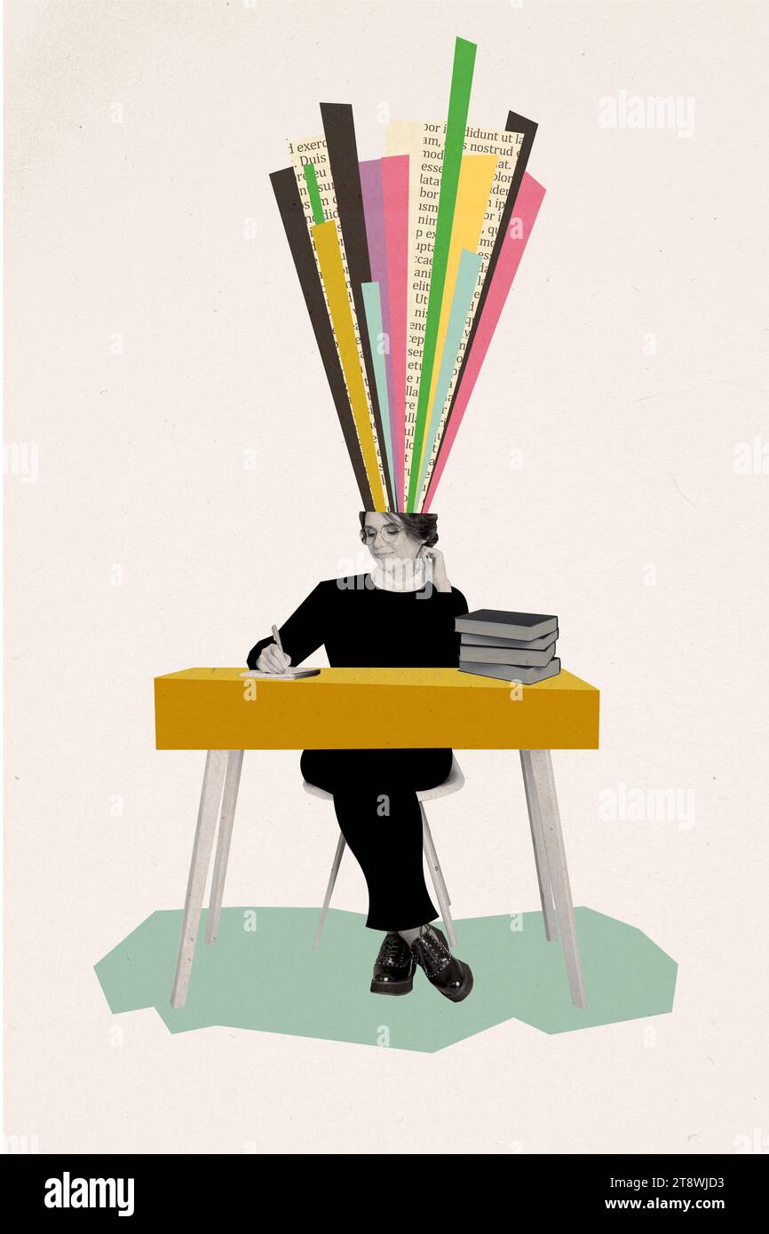 Retro 3d magazine collage image of smiling lady creating great start up ...