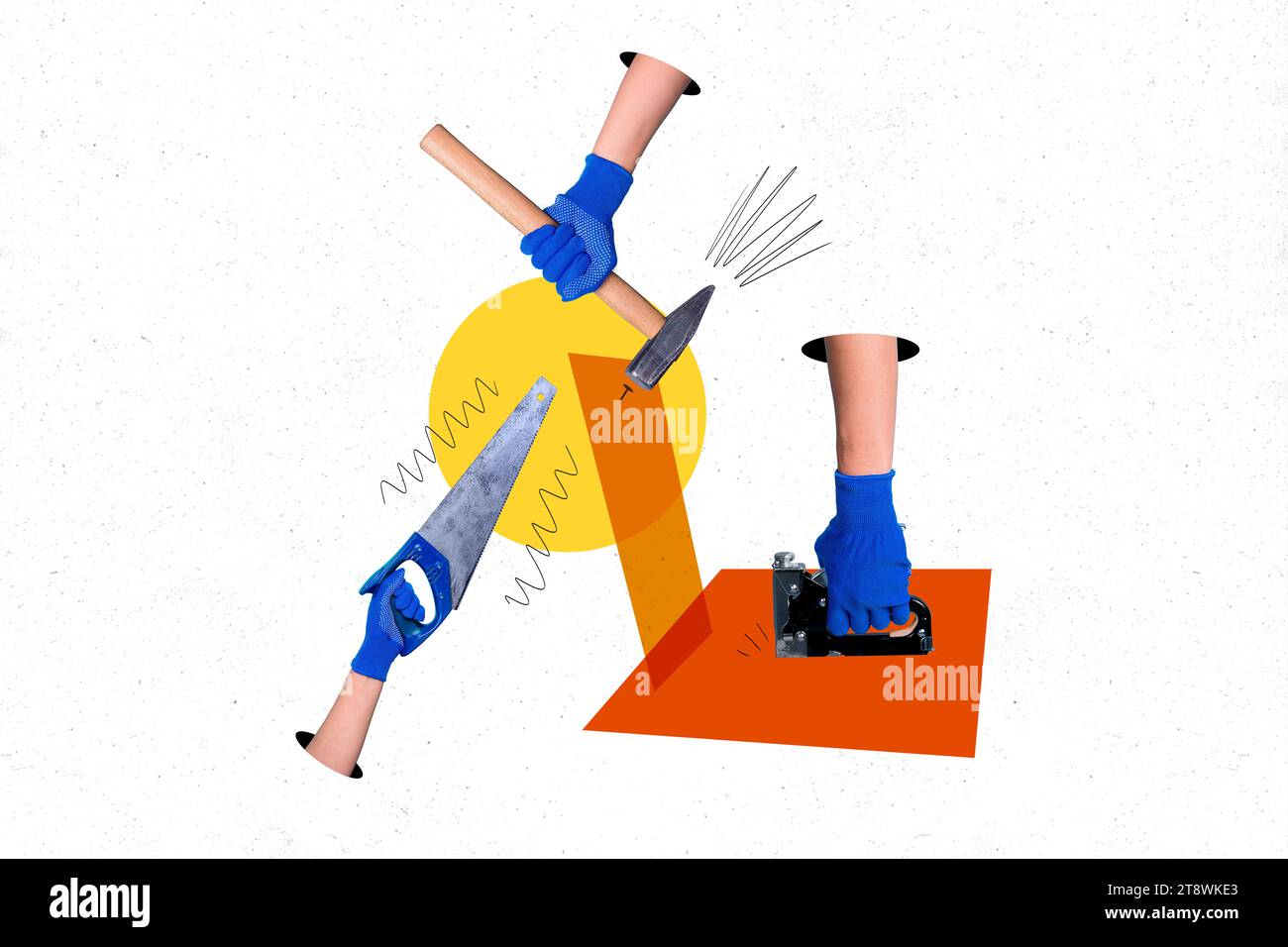Collage image of people arms gloves hold equipment hit hammer cut saw ...