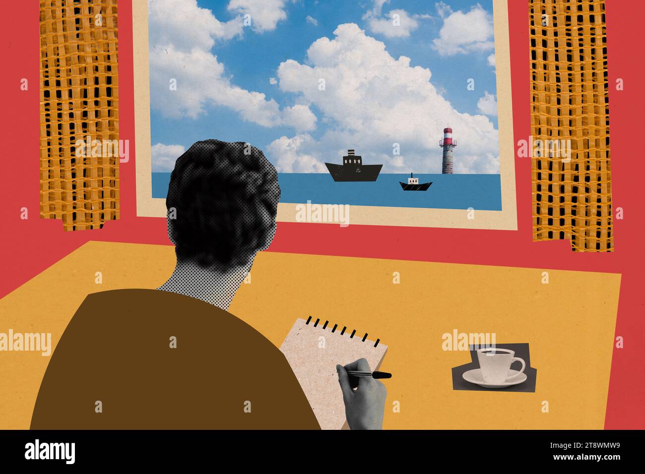 Collage 3d pinup pop sketch image of dreamy artist looking window ...