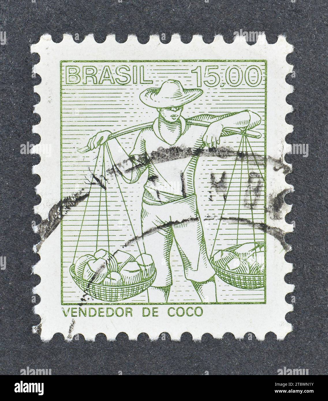 Cancelled postage stamp printed by Brazil, that shows Coconut Vendor ...