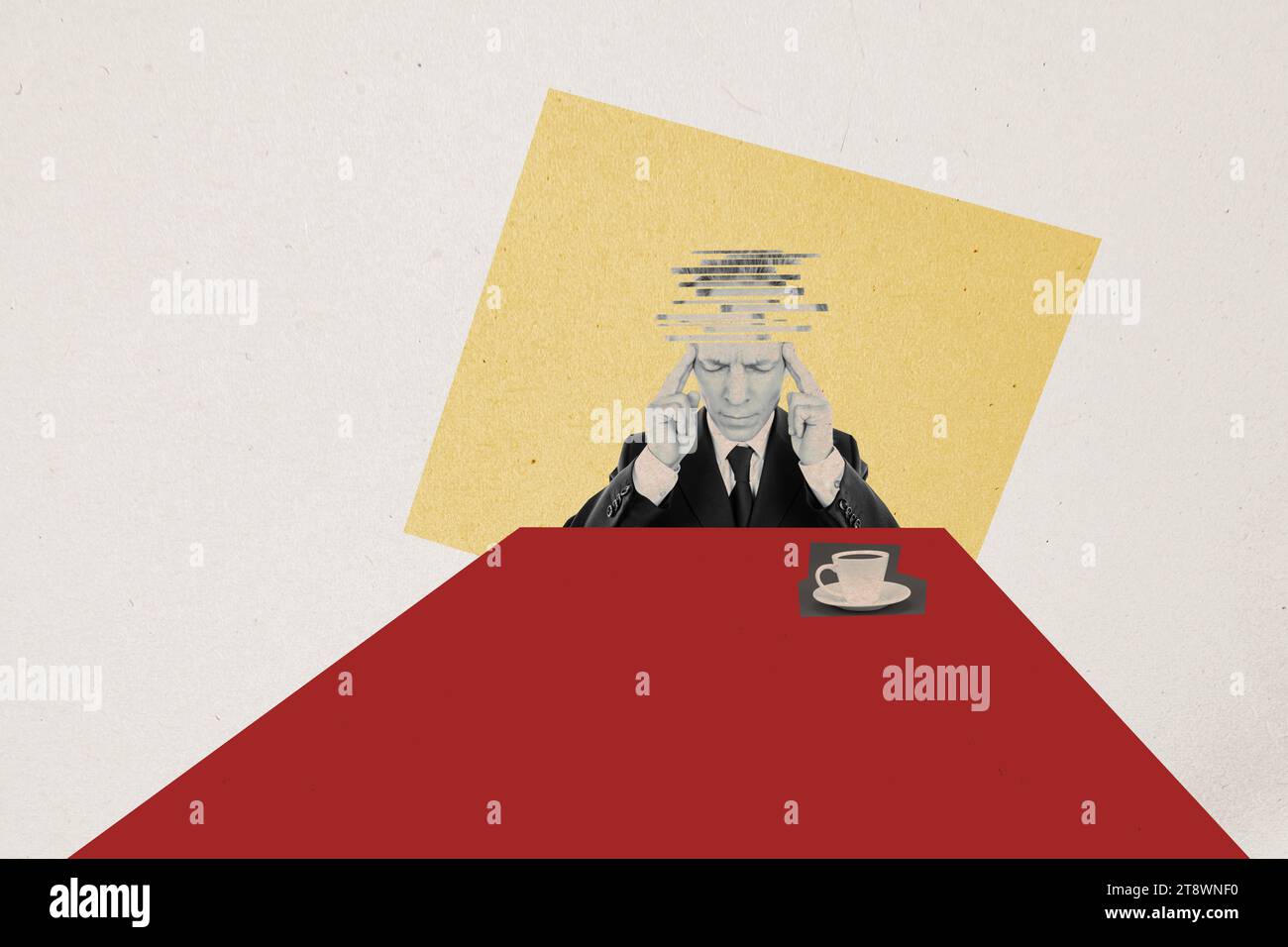 Artwork magazine collage of unhappy stressed guy trying complete mind ...