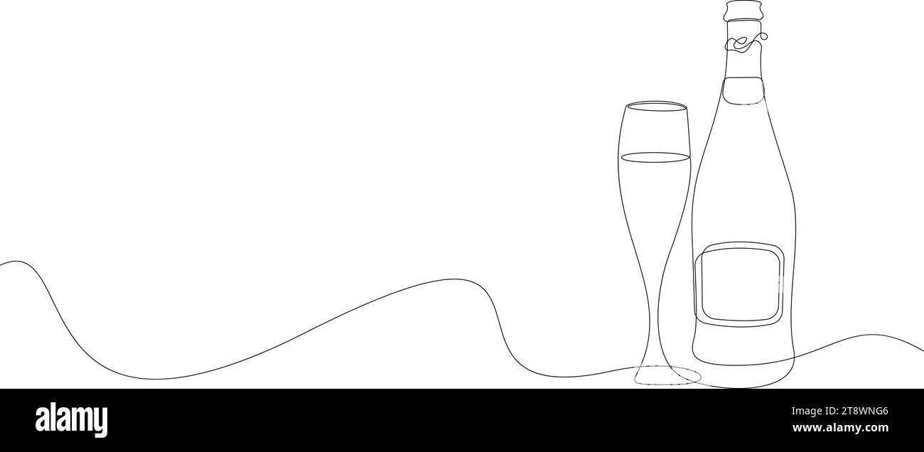 Champagne bottle and glass single continuous line drawing. Cheers toast ...