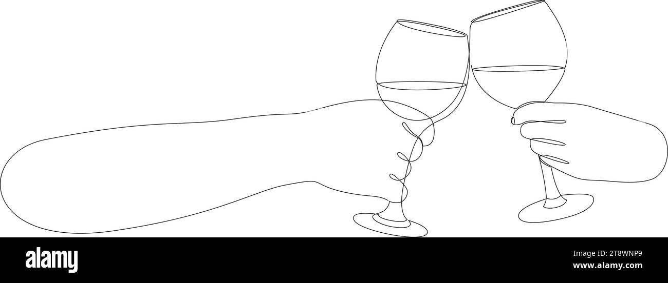 Continuous one line drawing of hands cheering with glasses of wine ... Continuous one line drawing of hands cheering with glasses of wine ...
