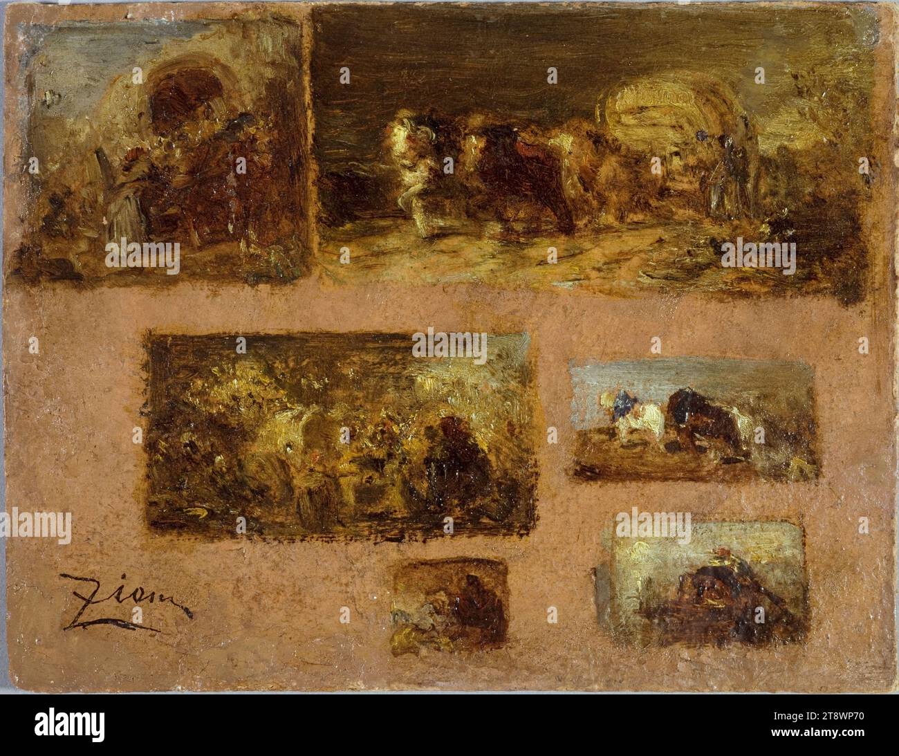 Panel of six cart studies (front); Landscape (back), Ziem, Felix ...