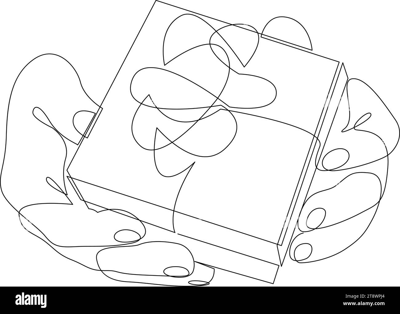 Single continuous line drawing hands holding gift box tied with ribbon. View from above, holiday ...
